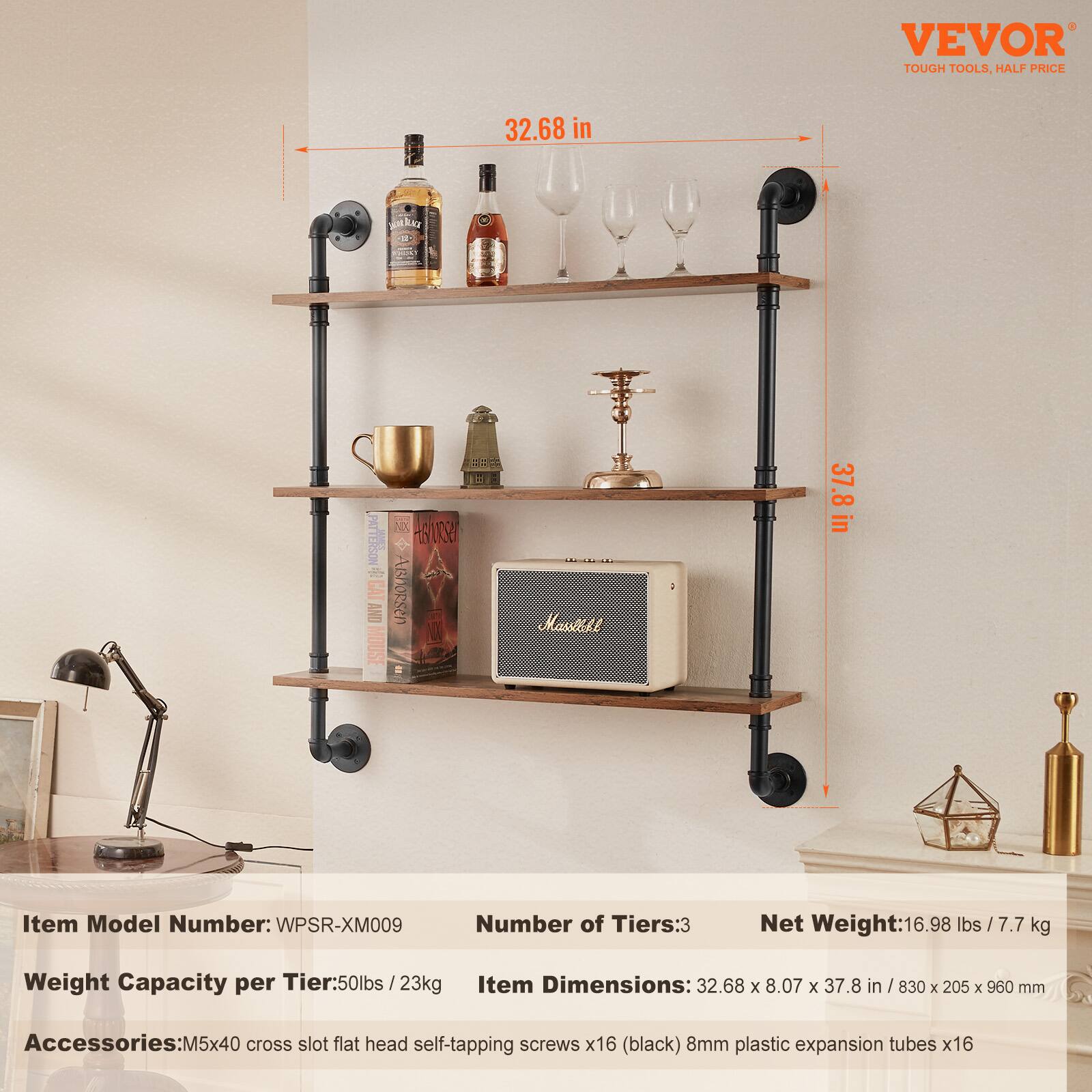 VEVOR Industrial Pipe Shelf, 3 Tier 32x7.87in, Wall Mount Floating ...