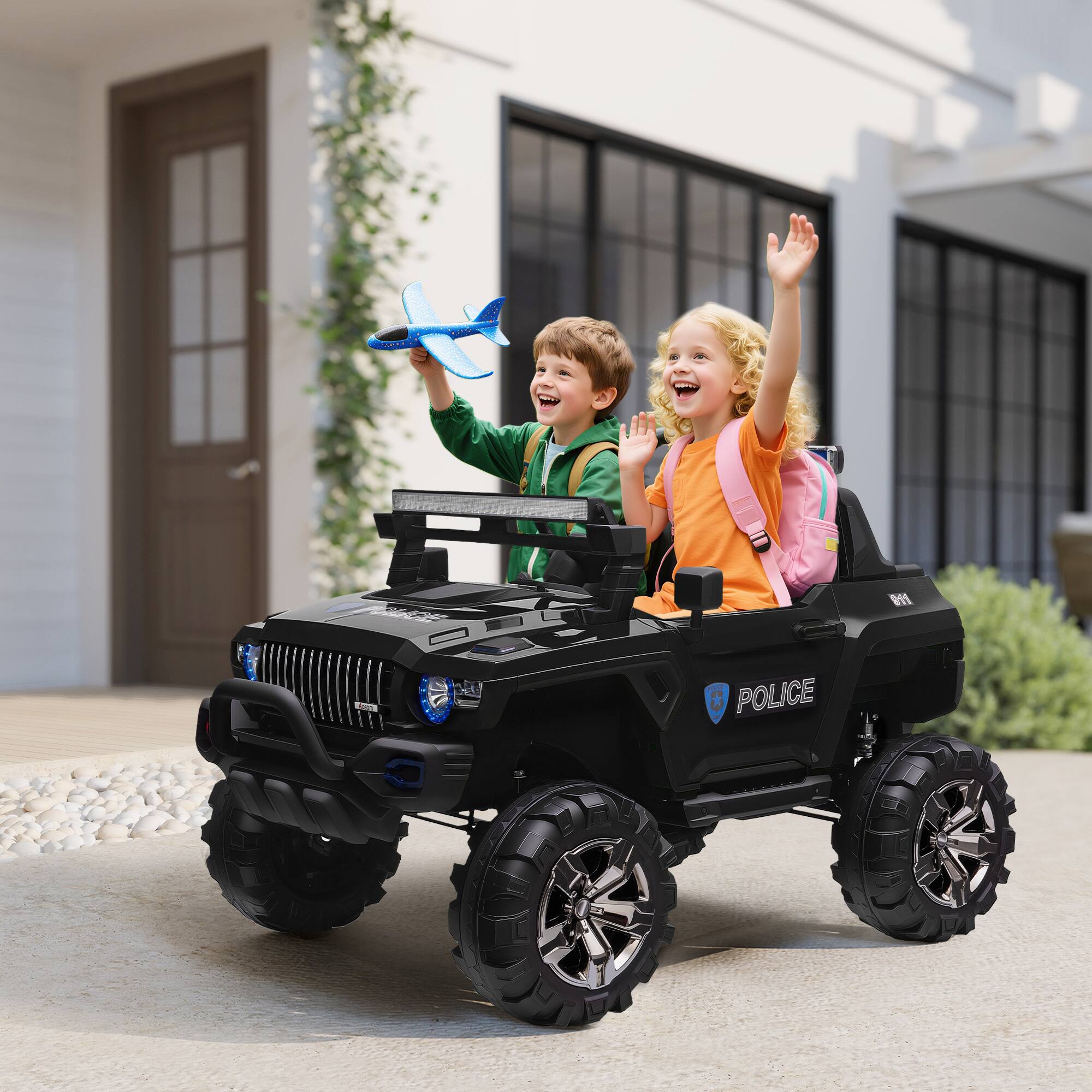Aosom 53" L 2 Seater 12V Police Car Ride On Truck w/Remote, Electric ...
