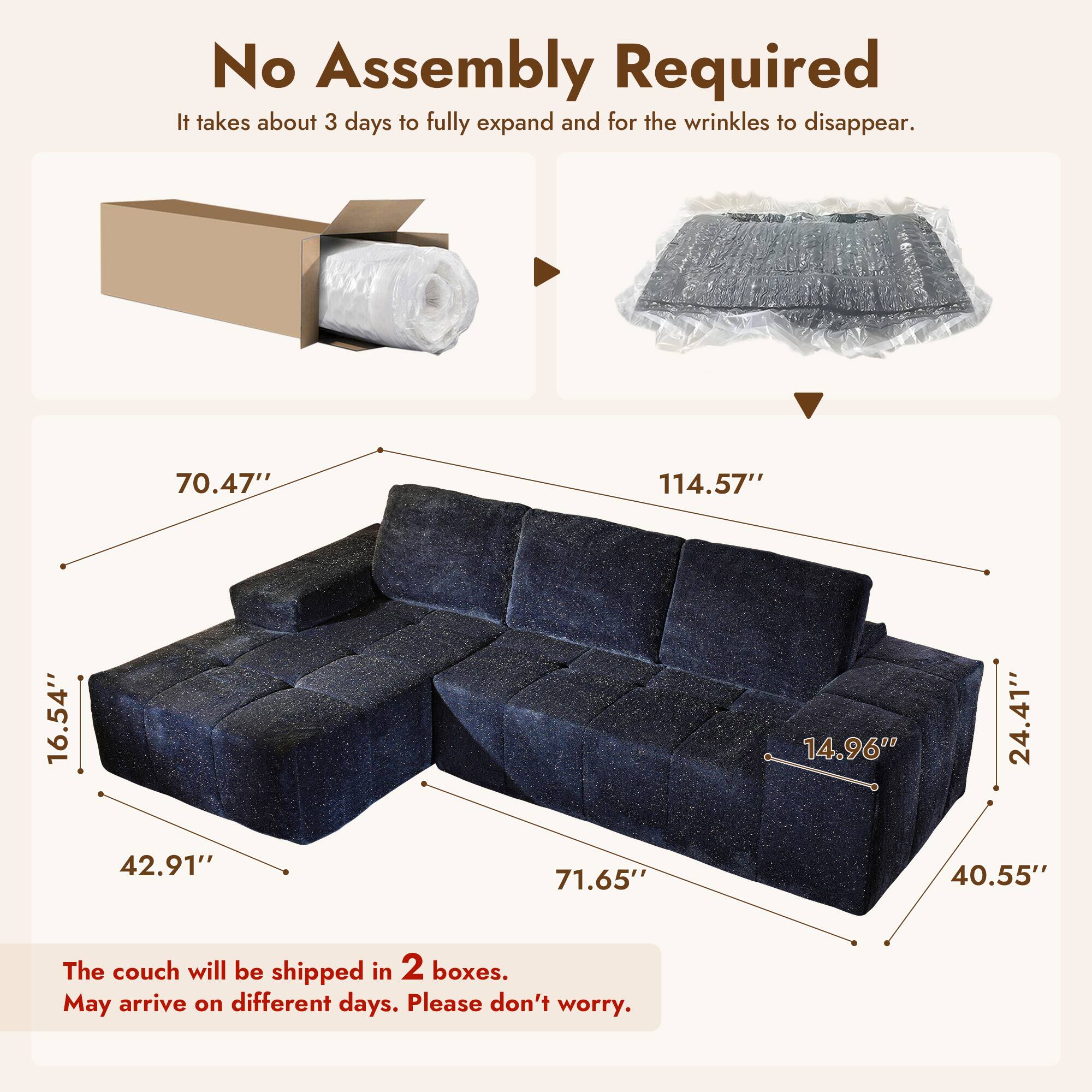 Ovios 114" Starlight Fabric Sectional Sofa with Comfy Chaise, Boneless ...