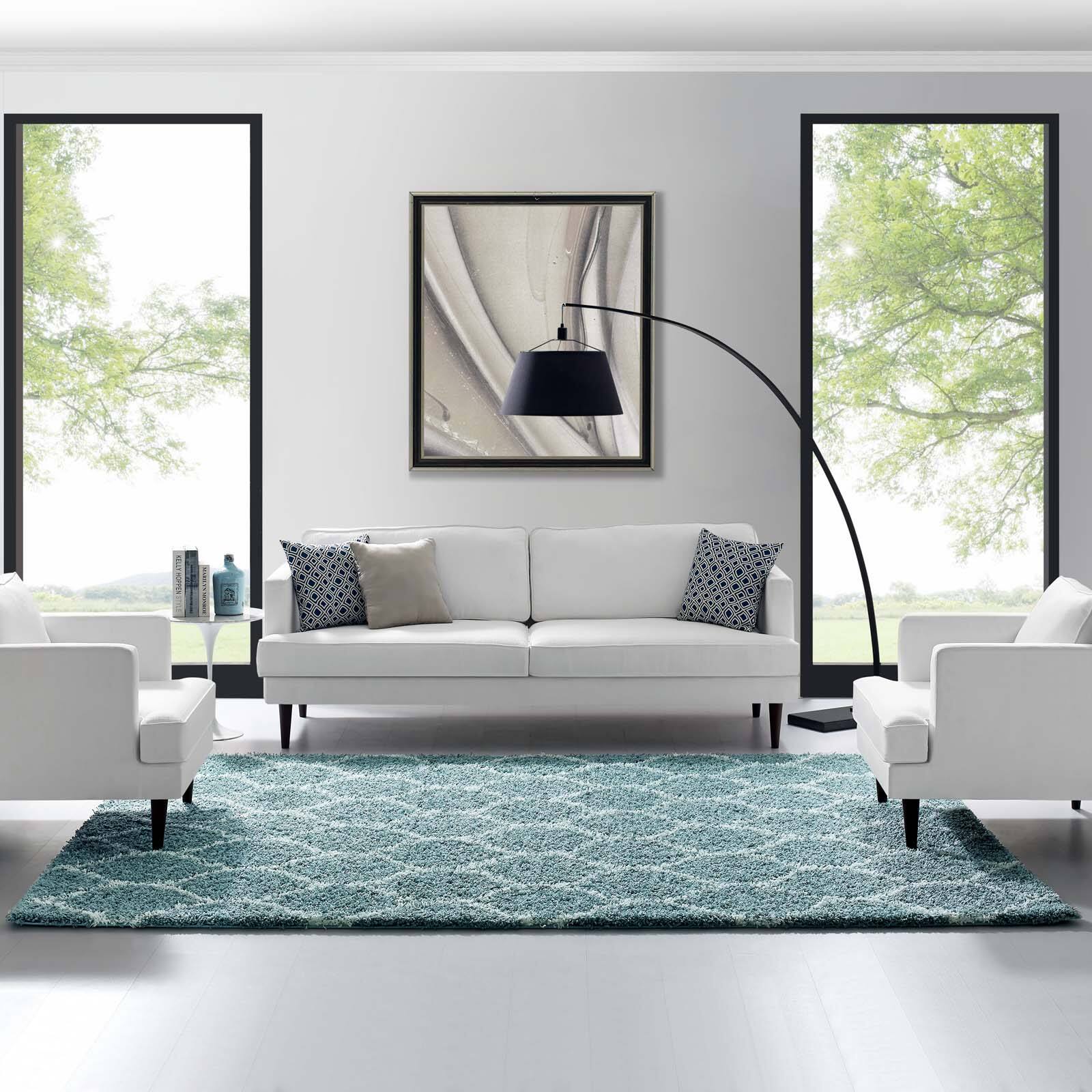 Modway Solvea Moroccan Trellis Shag Area Rug Aqua Blue and Ivory R ...