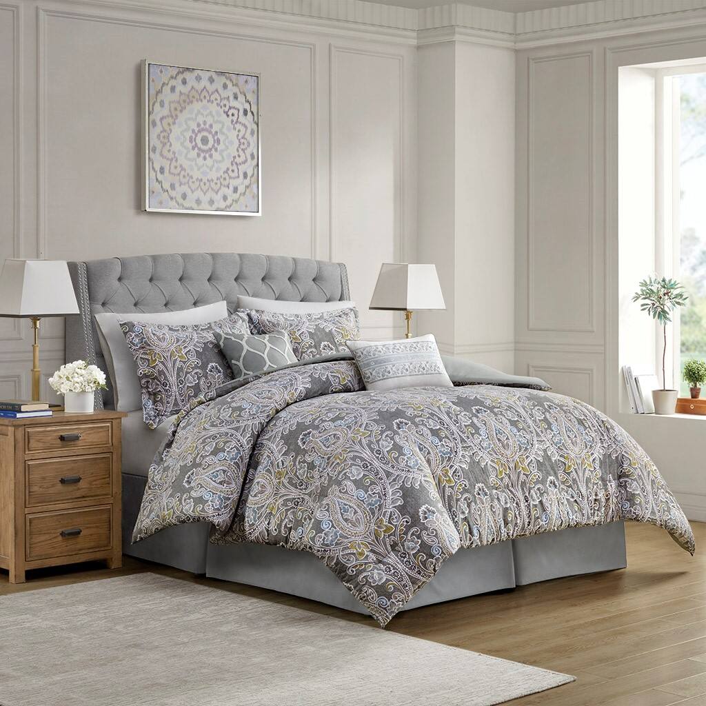 Gracie Mills Brant 6 Piece Damask Cotton Sateen Comforter Set Gray 5861 ...