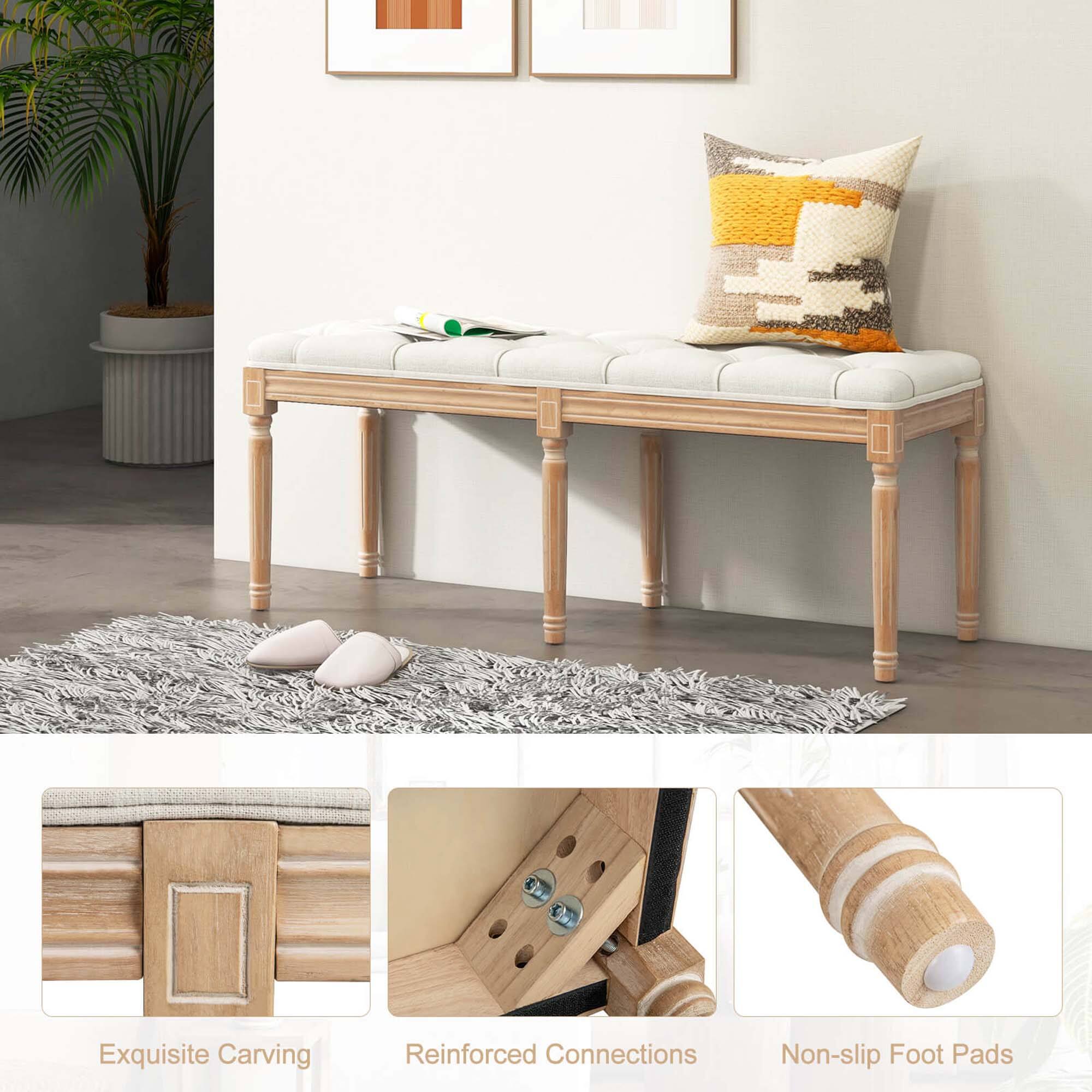 Costway 47" French Vintage Entryway Bench Upholstered Dining Bench with ...