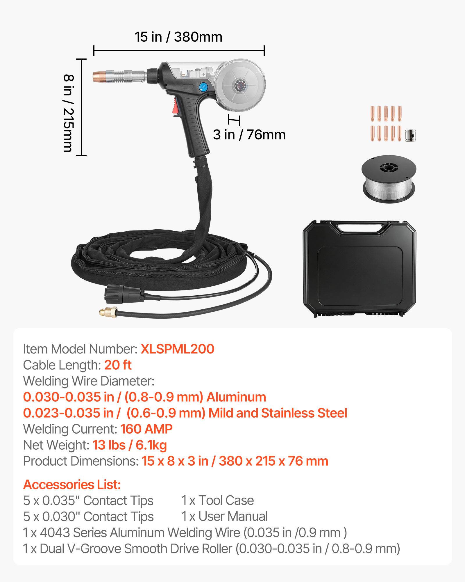VEVOR 160Amp Spool Gun with 20FT Cable, Replacement for Miller ...
