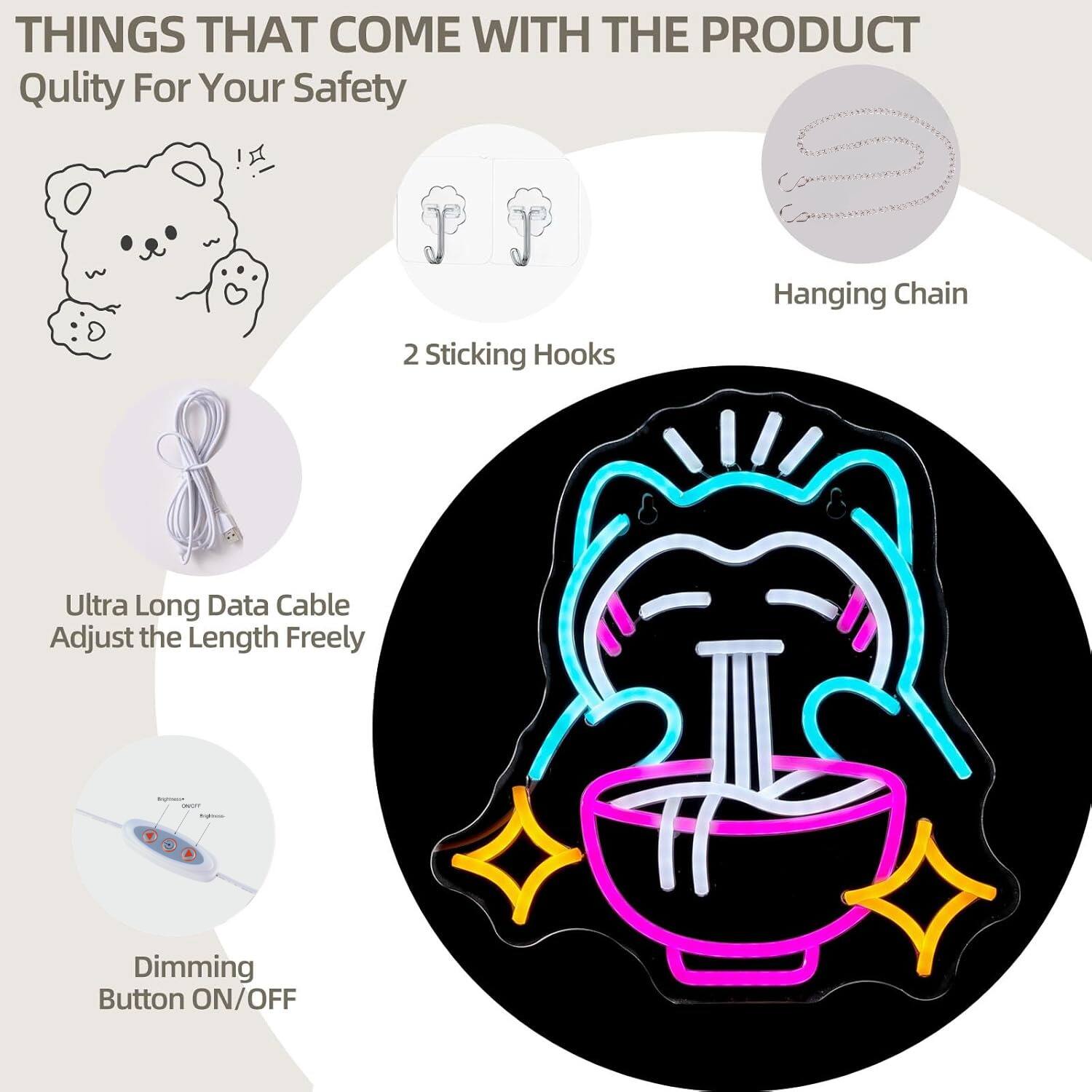 Auledio Ramen Bear Neon Light Sign Cute Blue Bear Noodle Neon Sign for ...