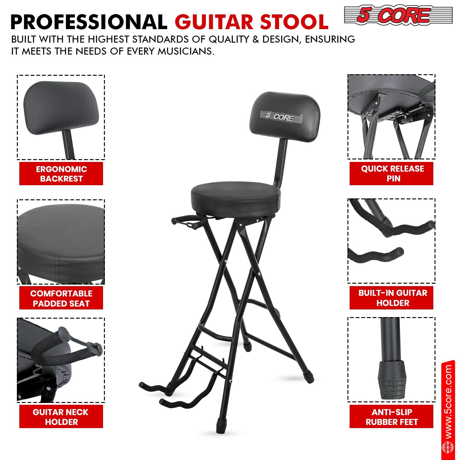 5 CORE Guitar Stool Adjustable Backrest Piano Chair 3.15" Padded Seat ...