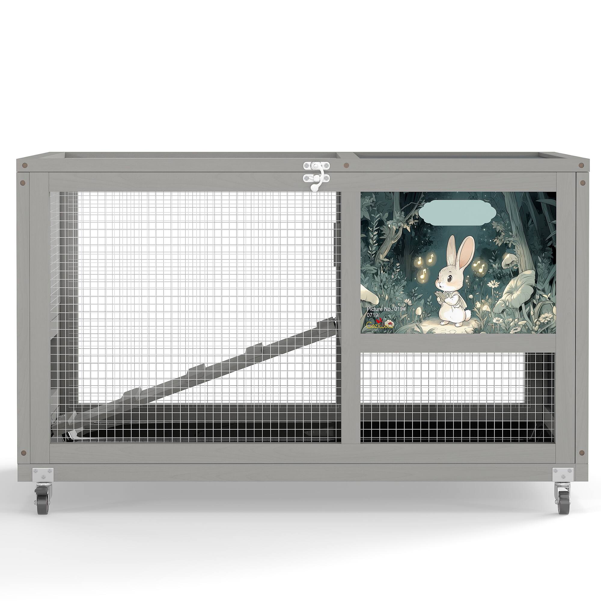 APRILSOUL 2 Tier Bunny Hutch Wood Rabbit Cage on Wheels with Openable ...