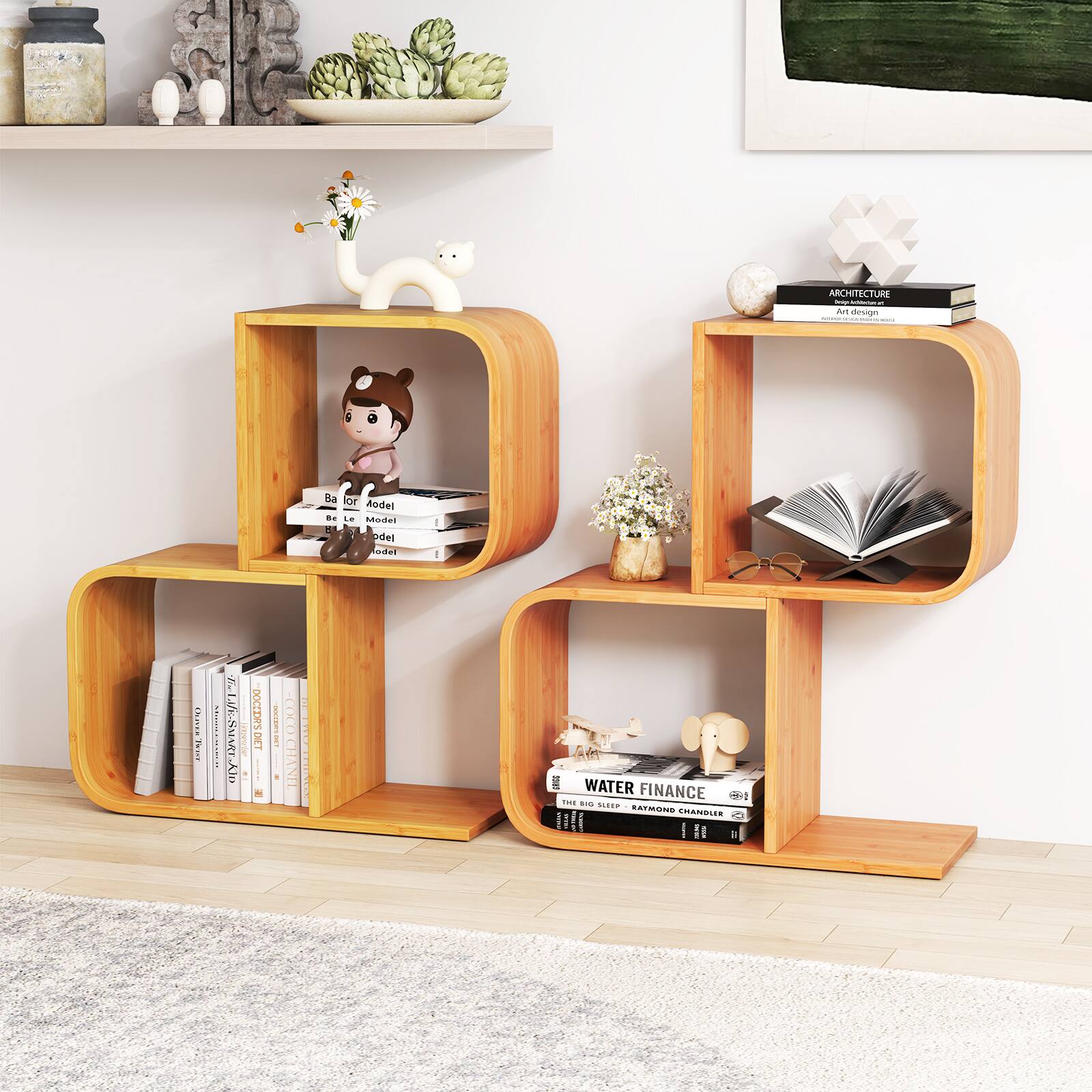 Gymax 2PCS Bamboo Geometric Bookshelf 2 Tier S Shaped Bookcase w/ Anti ...