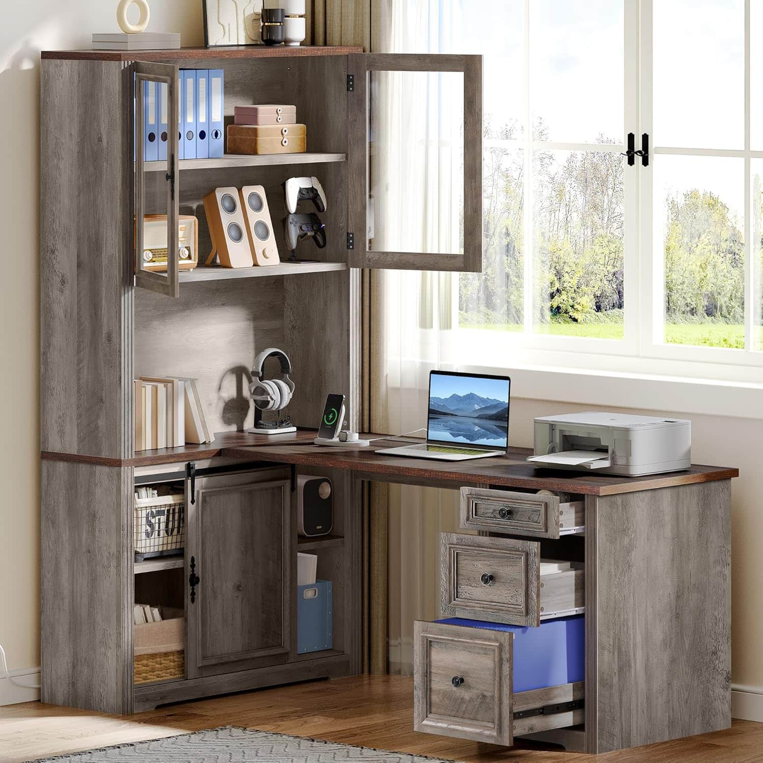 Zell Electronics - Grey & Walnut L-Shaped Desk with Hutch, Drawers ...