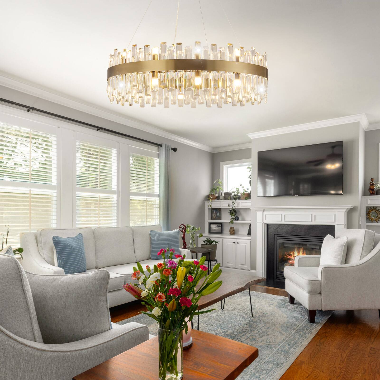 Tiramisubest Modern Gold Crystal Chandelier, 24 Light Round Brass Chandelier, 32 Inch Melighting ...