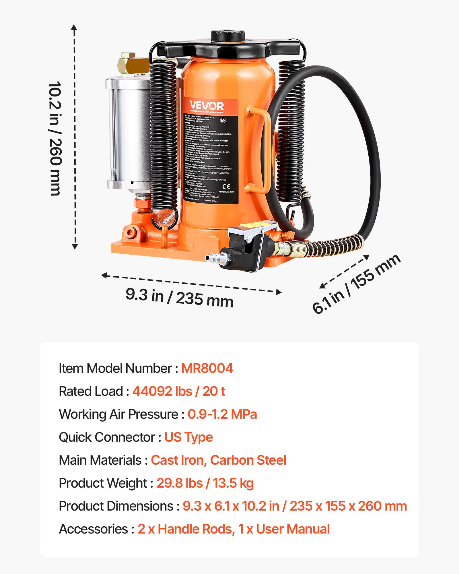 VEVOR Air Hydraulic Bottle Jack, 20 Ton (44092 lbs) Capacity, 10.2 19.5 ...