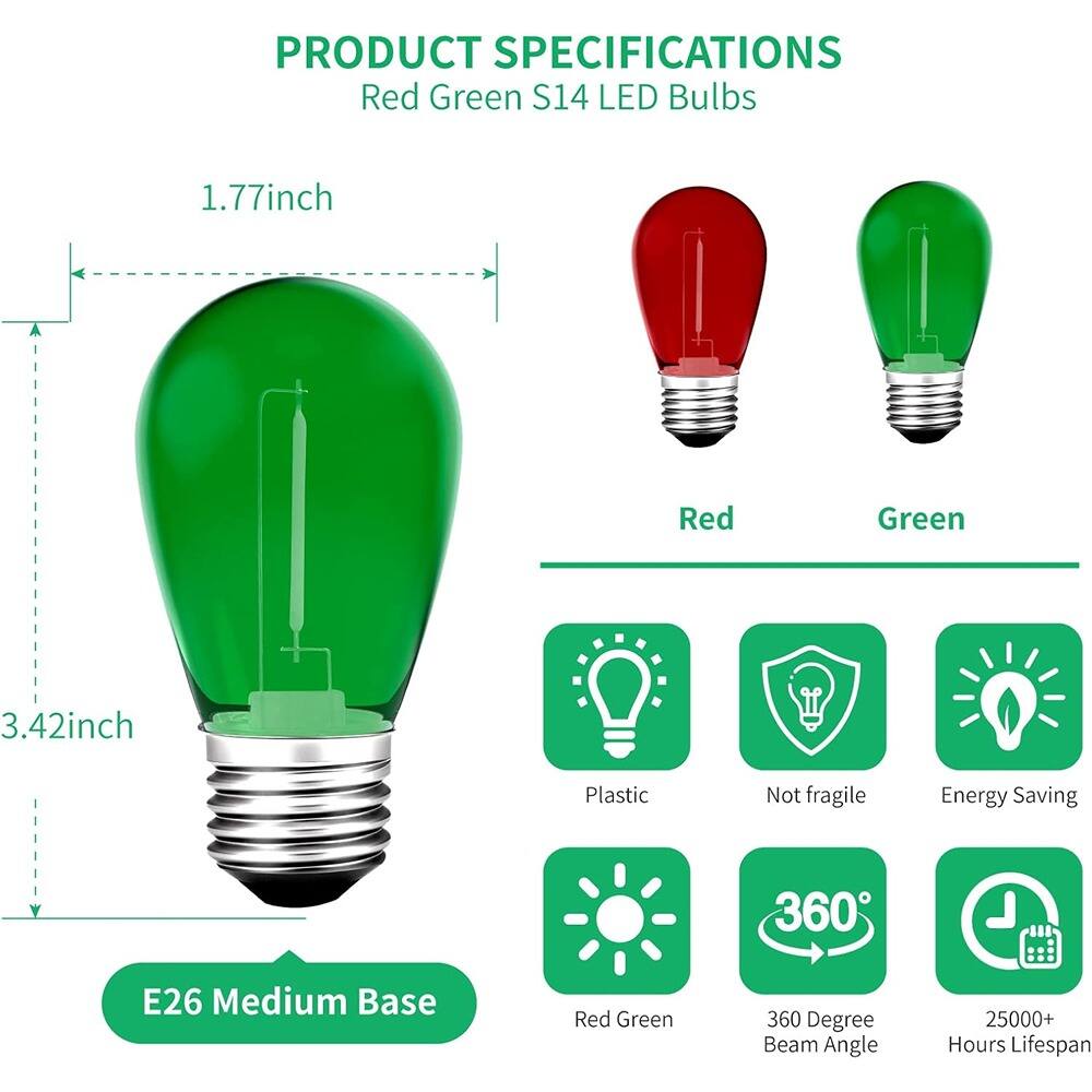 MOSZAR LLC Red & Green S14 LED Bulbs, 1W Shatterproof Waterproof, 15 ...