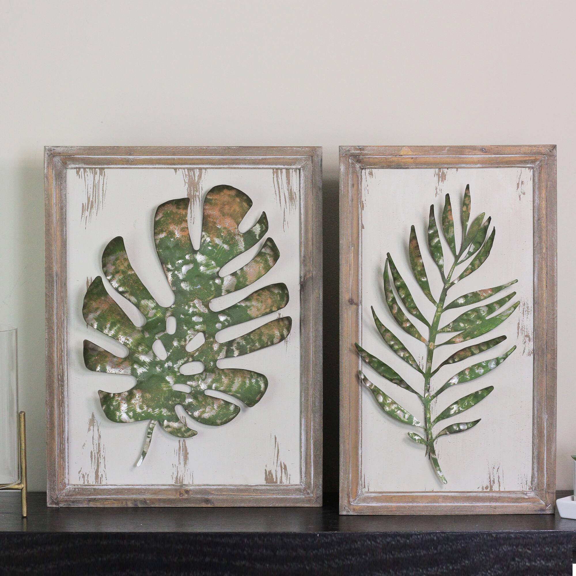 Melrose Set of 2 Rustic and Distressed Forest Green Leaf Framed Wall ...