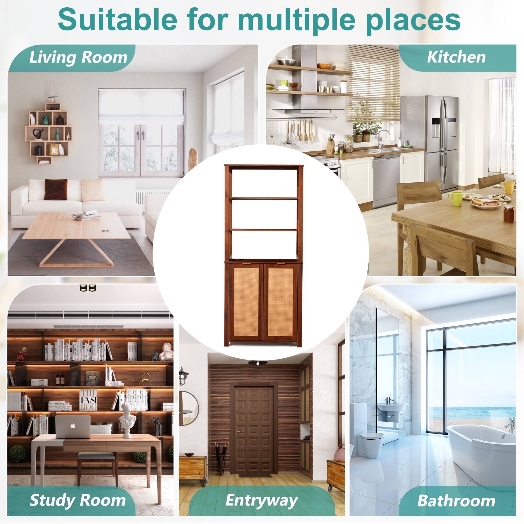 U HOMY Rattan Bookcase with Cabinet, Freestanding Bookcase with Doors ...