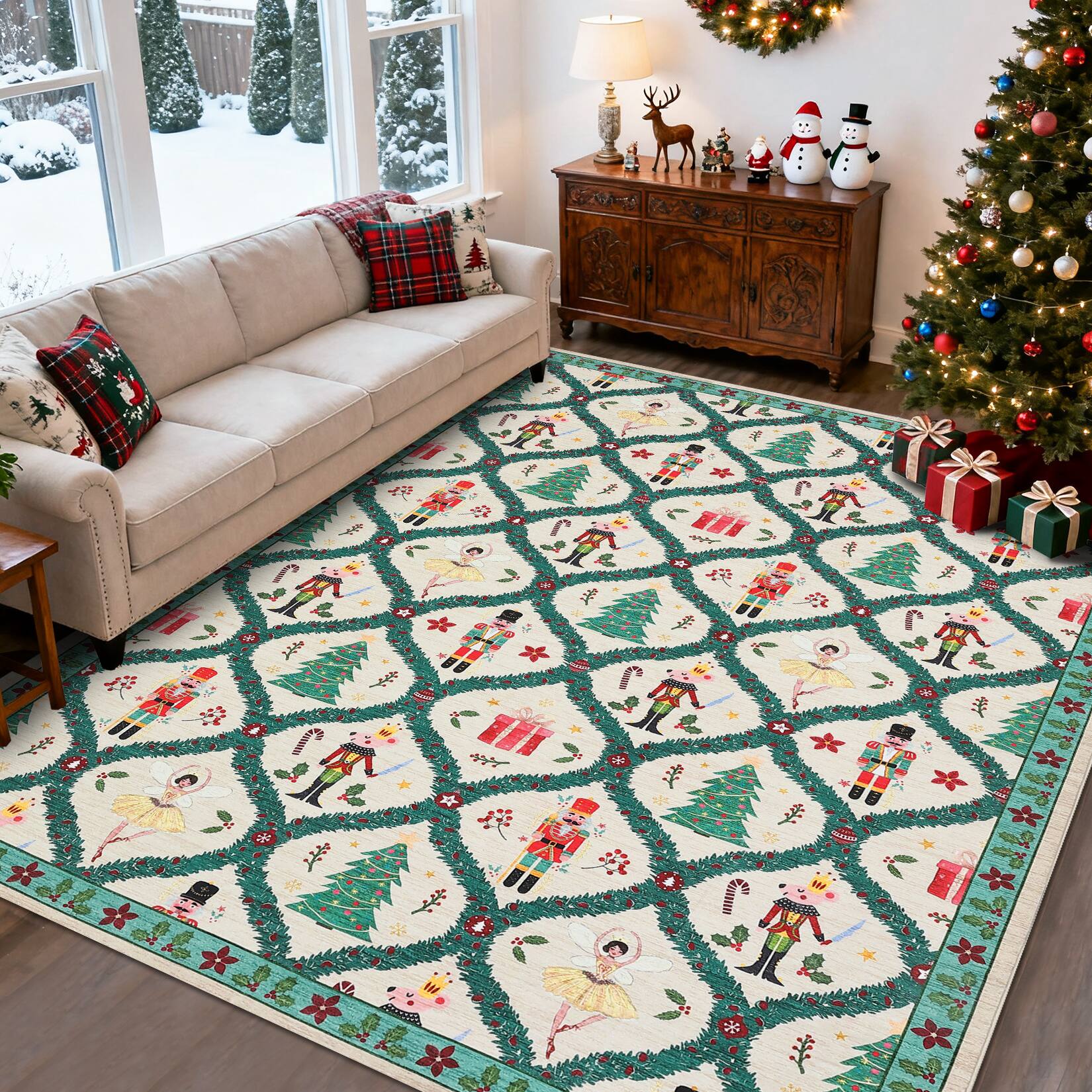 Jojoka 8x10 ft Green Christmas Round Rug, Nativity Plaid Print ...