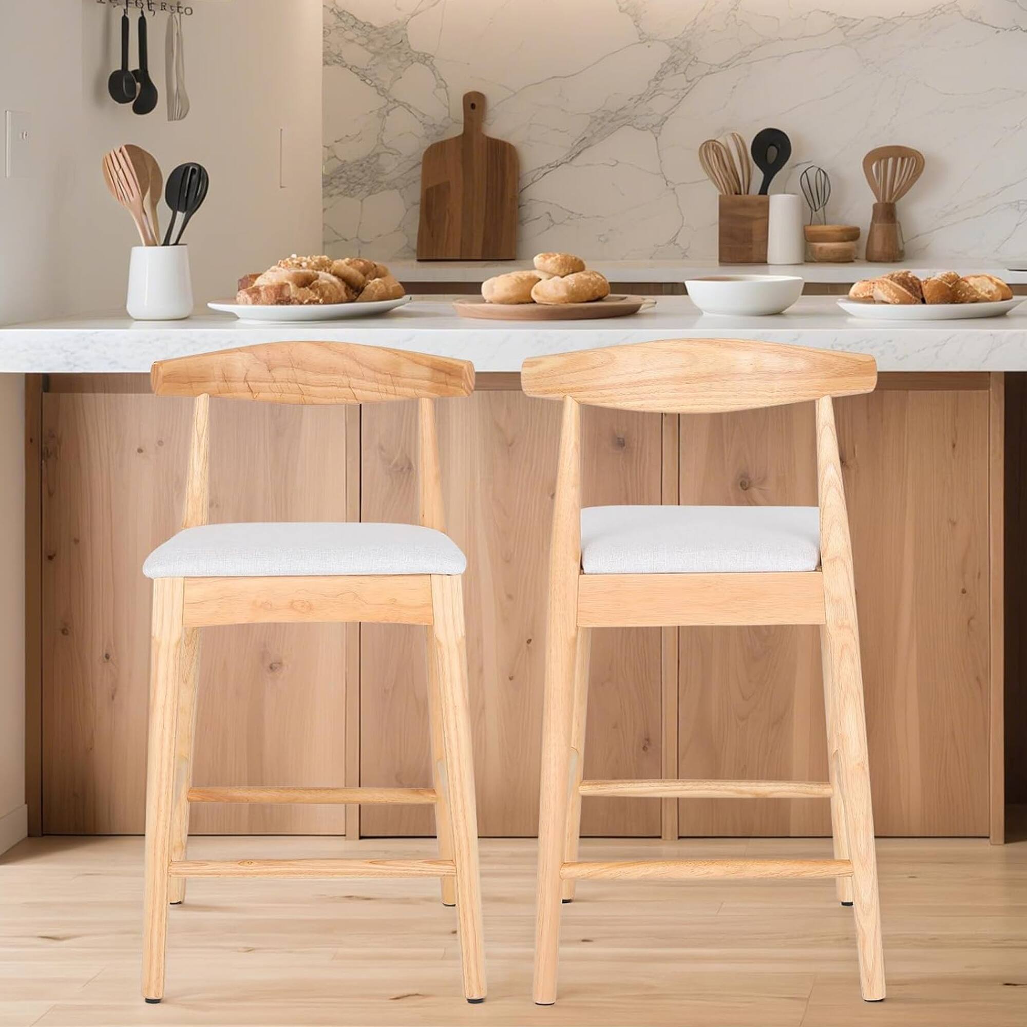 HTUTWOO Mid Century Bar Stools Set of 2, Solid Wood Counter Height ...