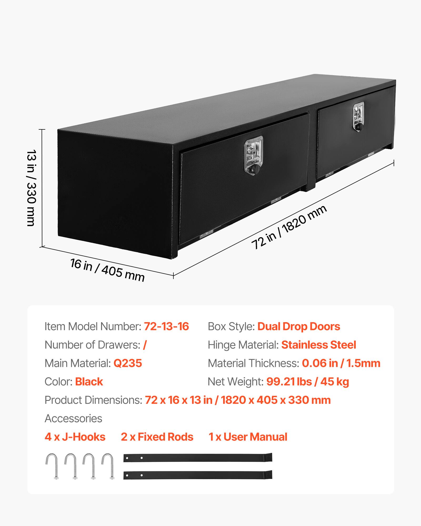 VEVOR Truck Tool Box, 72 x 13 x 16 Inch, Carbon Steel Topsider Toolbox ...