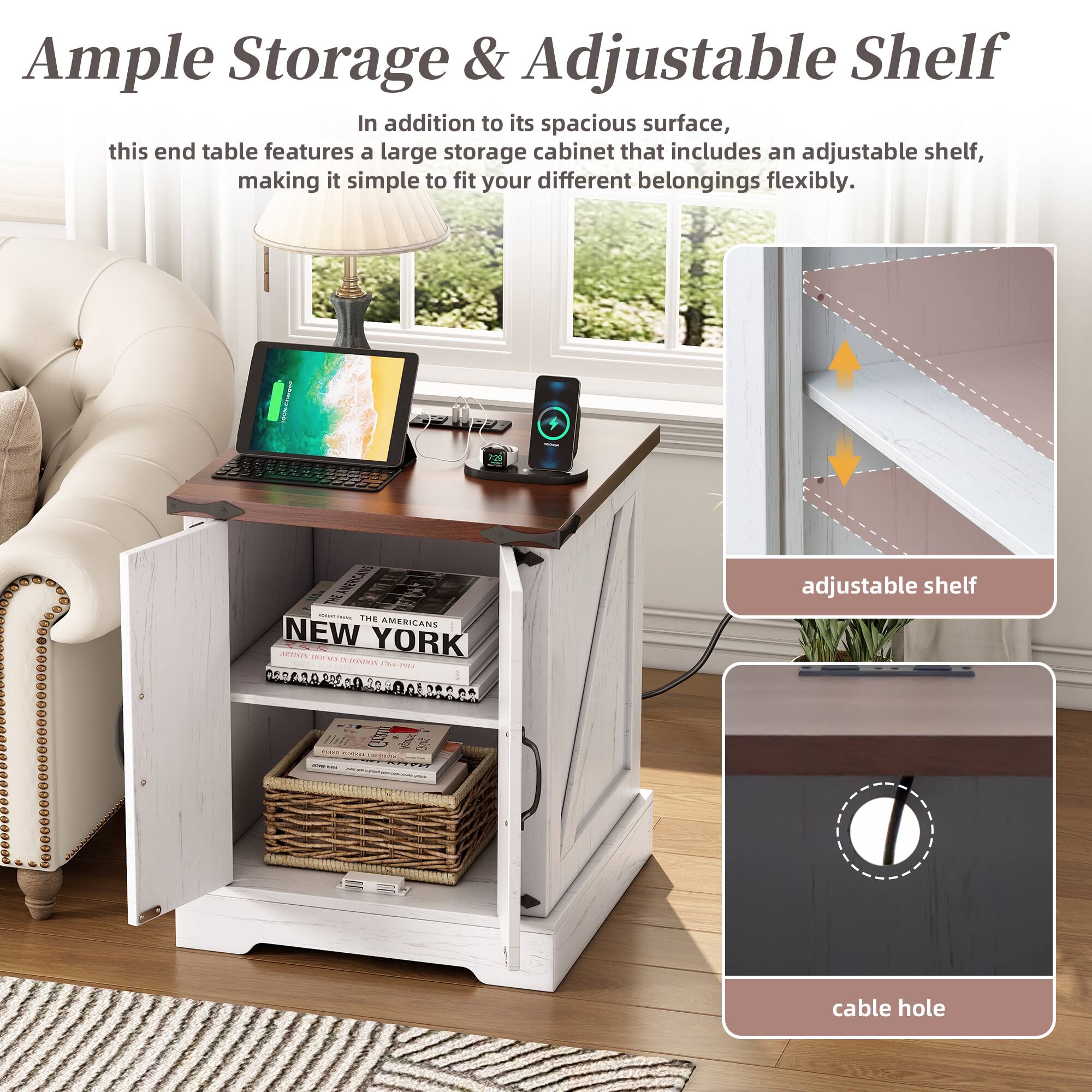 Ecooso Farmhouse End Table with Charging Station, Adjustable Shelf ...