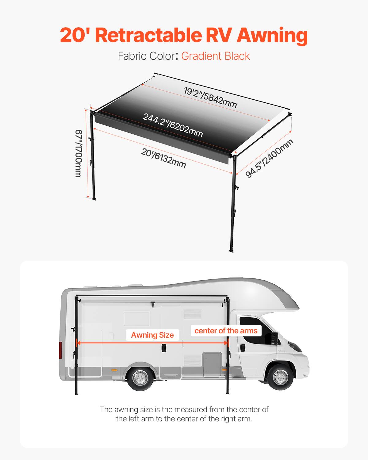 VEVOR Manual RV Awning Complete Kit, 20' Retractable Awning with ...