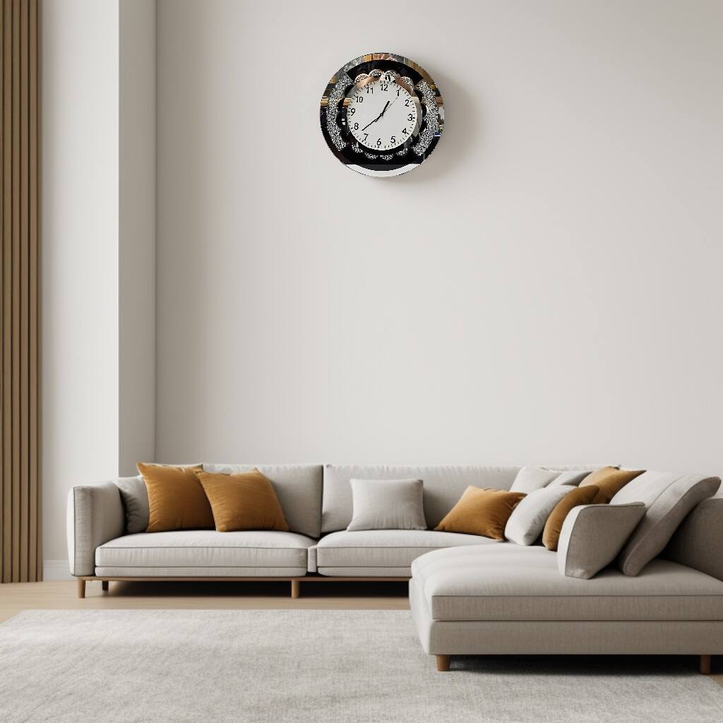 FC Design 19"H Black & Silver Mirrored Glittery Modern Round Wall Clock ...