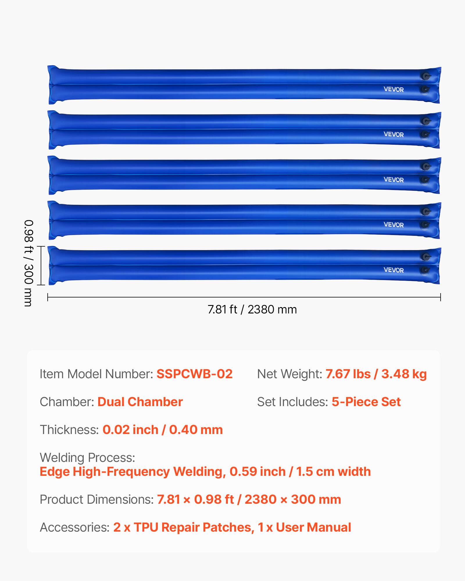 VEVOR Pool Cover Water Bags, 5 Packs 8 Ft, Double Chamber Pool Cover ...