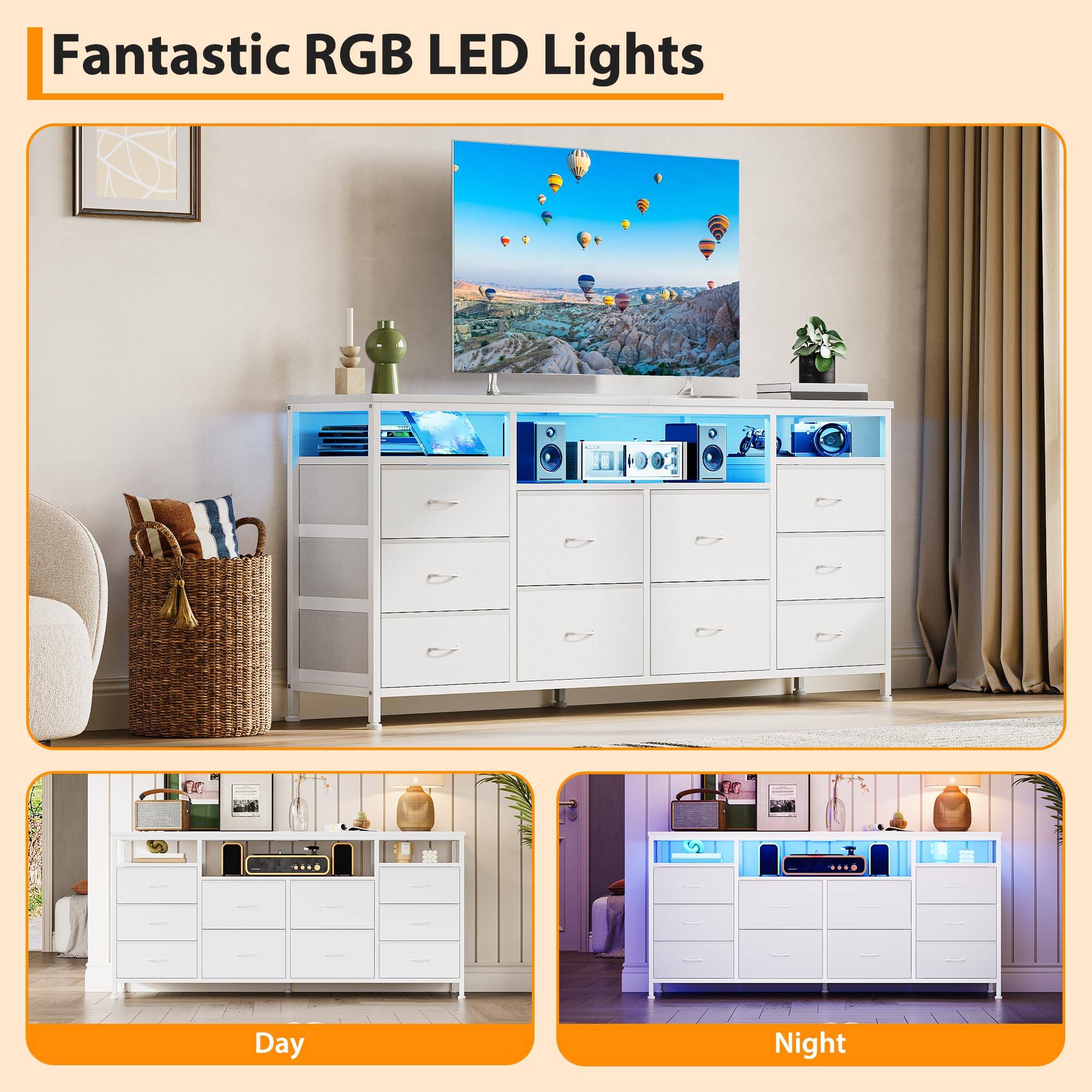 Acekool 63" Long Dresser with 10 Fabric Drawers, TV Stand for Up to 75 ...