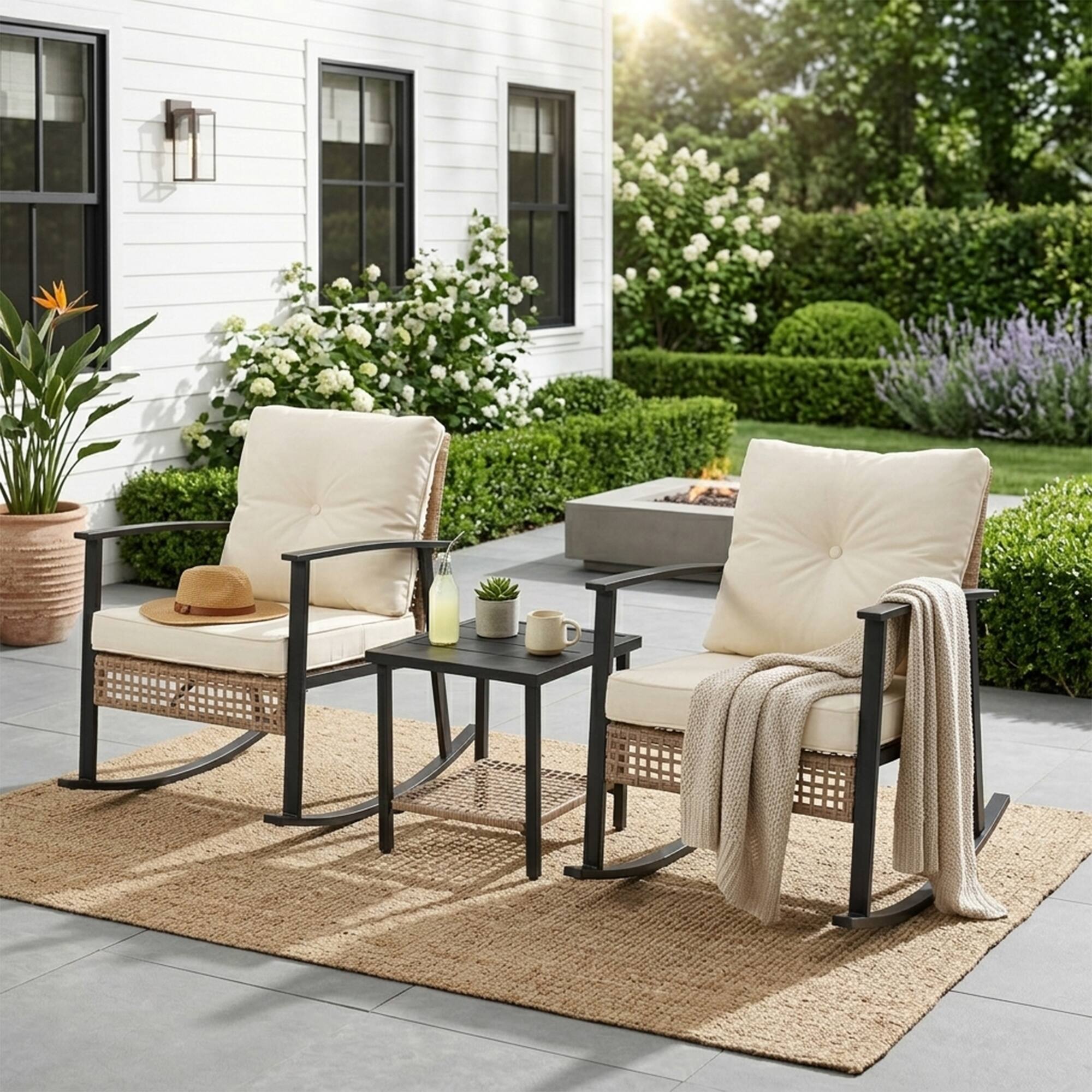 Left. Yardgrace - 3-Piece Outdoor Rocking Set, Oversize Rattan Chairs ...