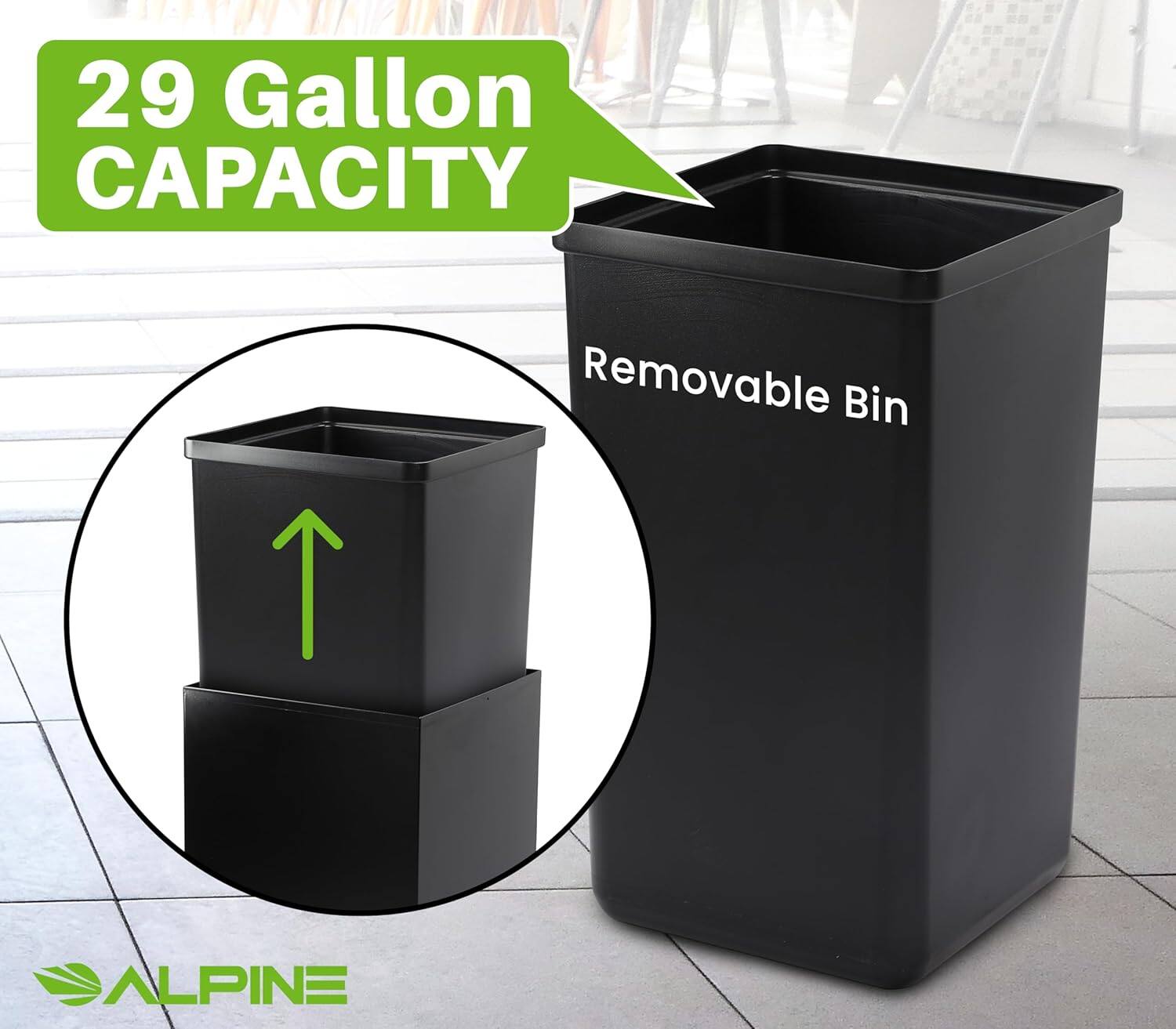 Alpine Industries 29 Gallon Steel Trash Can with Mixed Lid Black ...