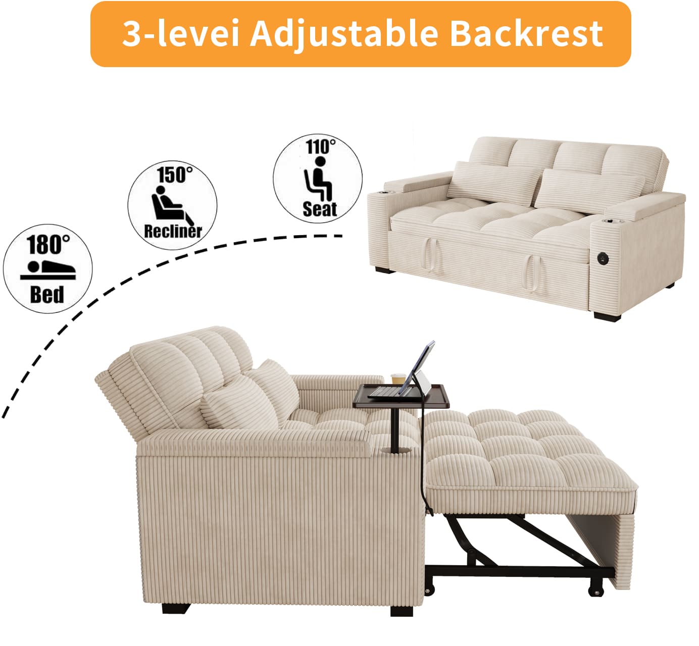 Anysun 65" 3 in 1 Corduroy Convertible Sofa Bed Pullout Design with 360 ...