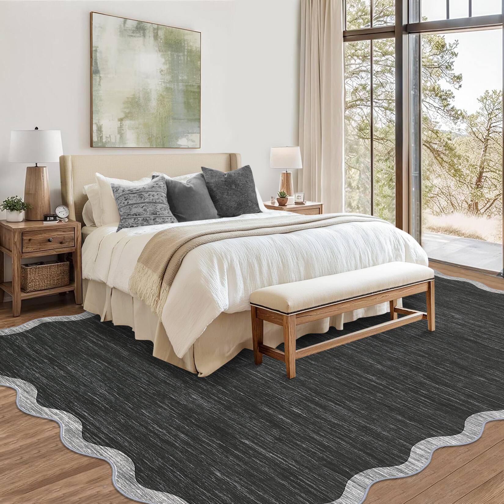 GARVEE Modern Soft Solid Tone Area Rug Scalloped Edges Machine Washable ...