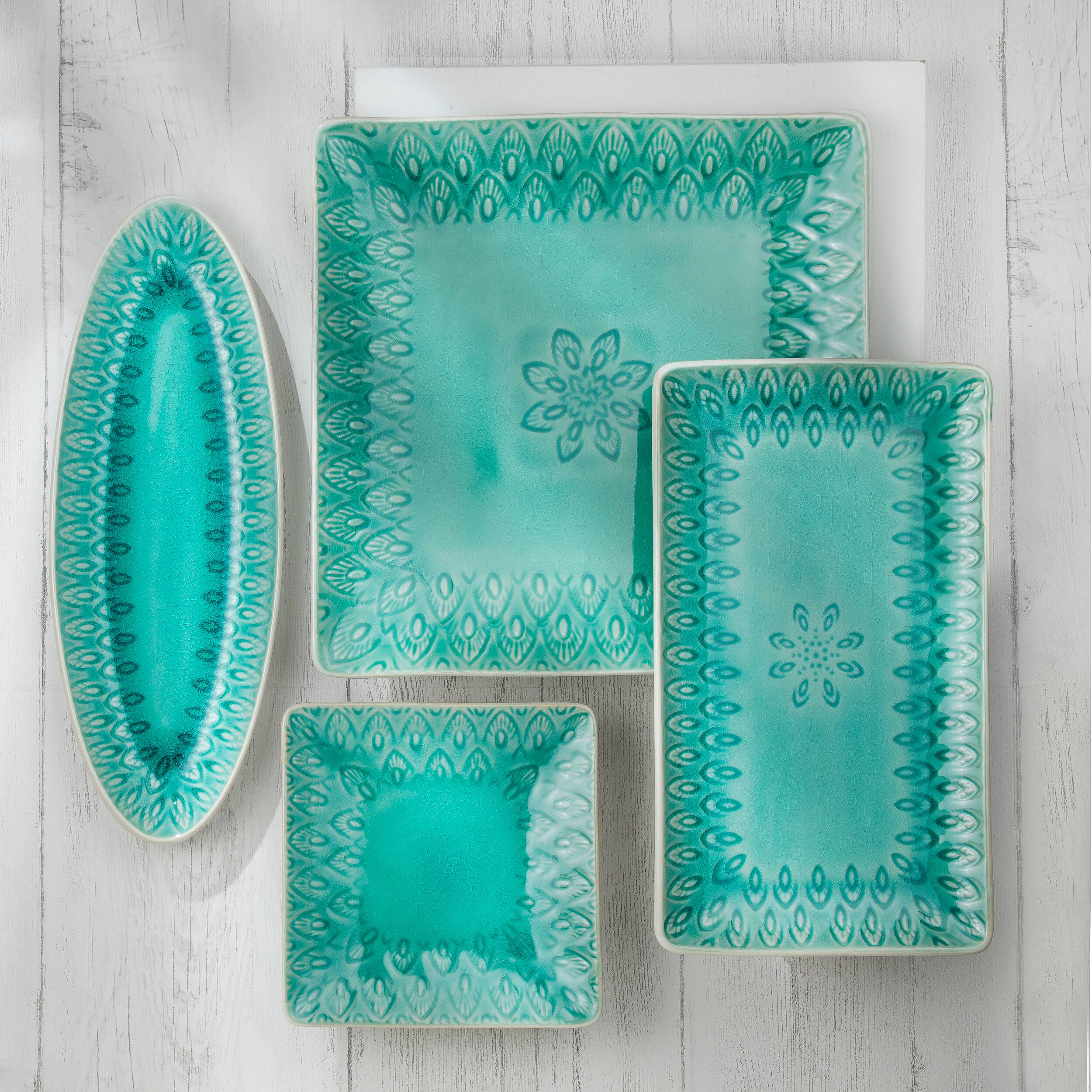Euro Ceramica Home Peacock 4 Piece Stoneware Square Appetizer Plates ...