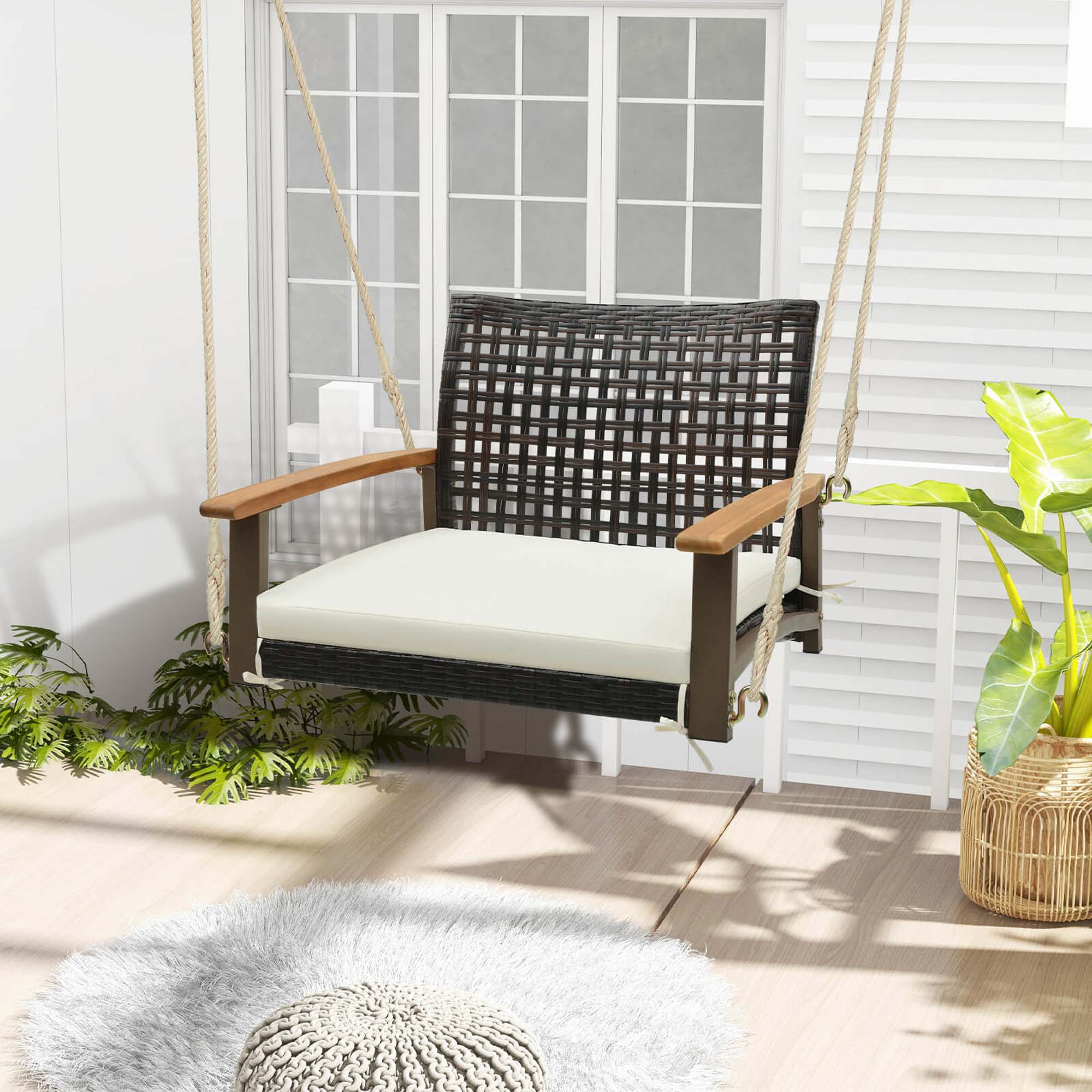 Costway Outdoor Single Swing Chair Bench 1 Person Rattan Porch Swing ...