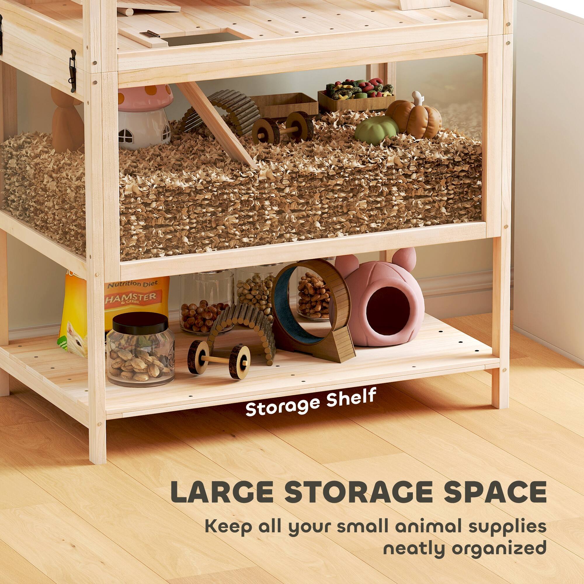Pawhut Wooden Hamster Cage with Detachable Lower Floor, Storage Shelf ...