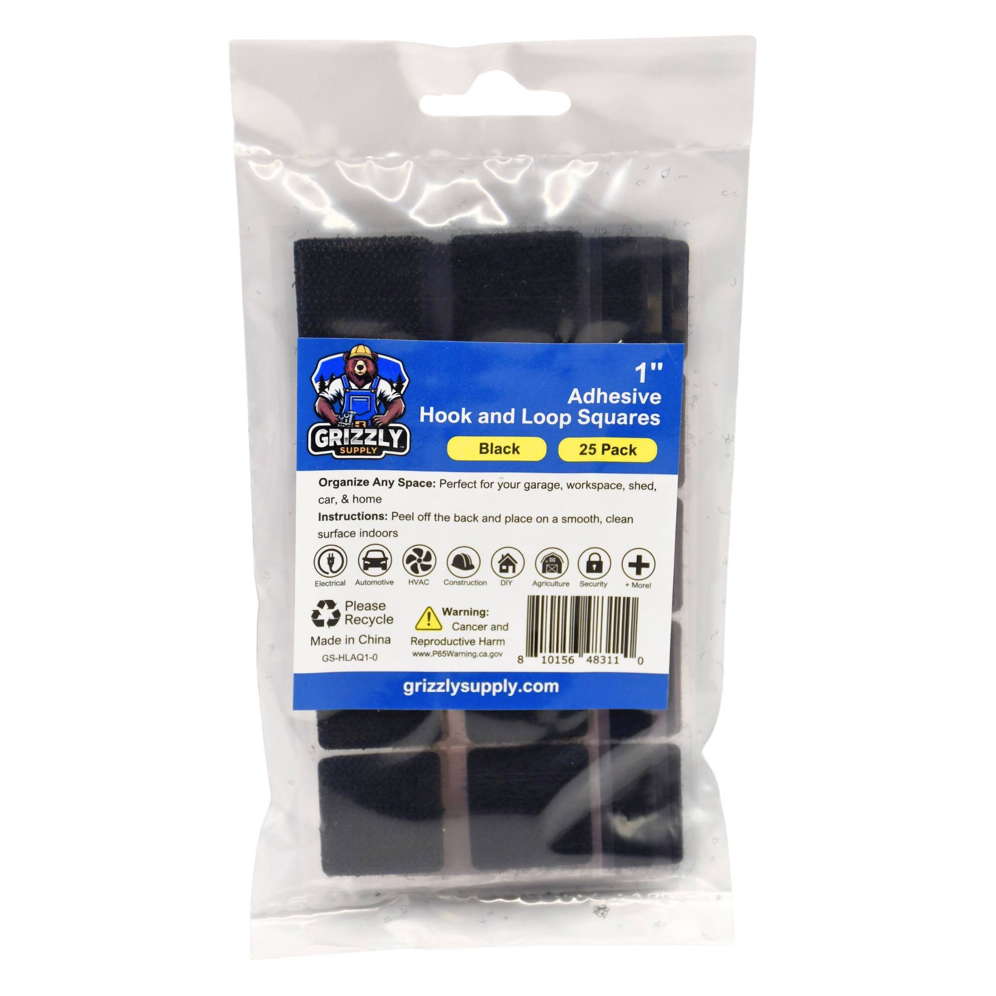 Grizzly Supply 1" Adhesive Hook and Loop Square 25/pk Black GS-HLAQ1-0 ...