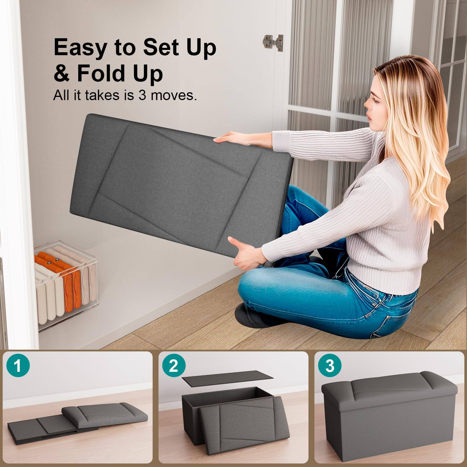 JETRANSPORT Folding Storage Ottoman Bench 30 Inches End Of Bed For ...