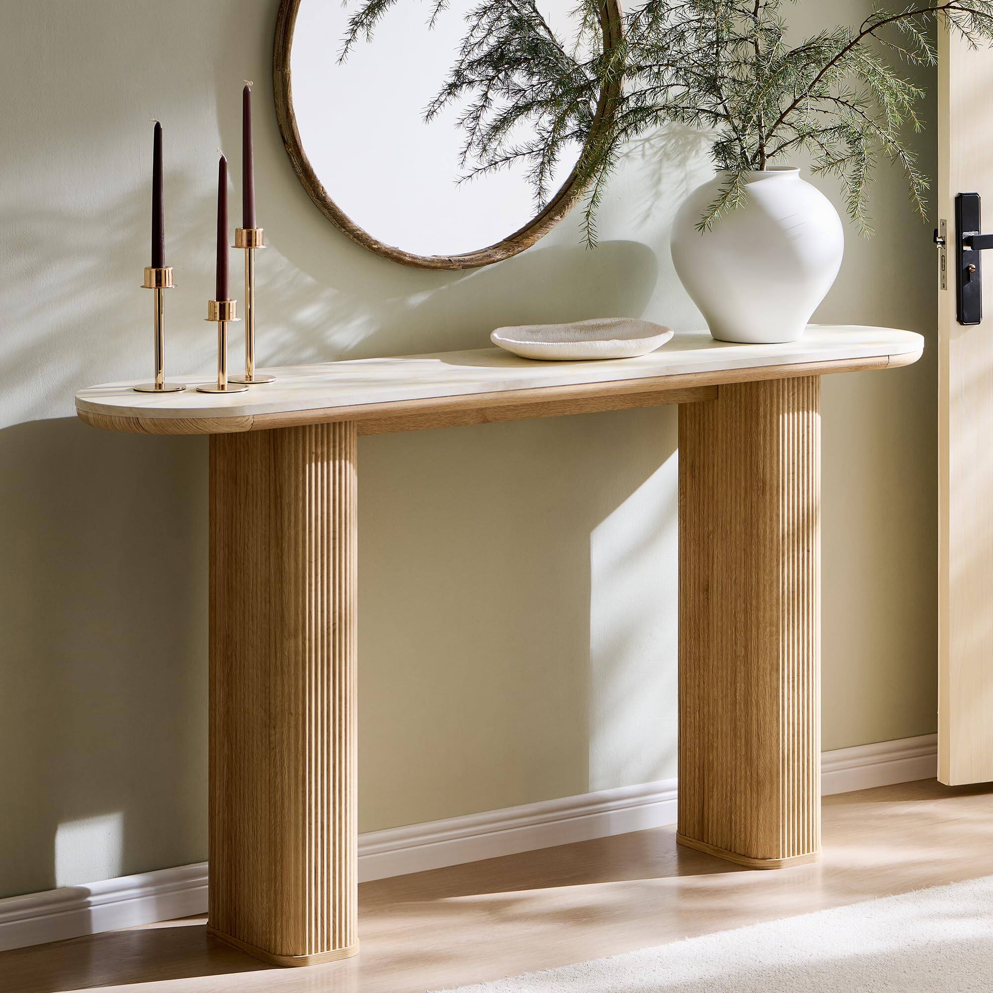 OMOMMD 63" Arc Marble Top Console Table, Fluted Wood Base, Slim ...