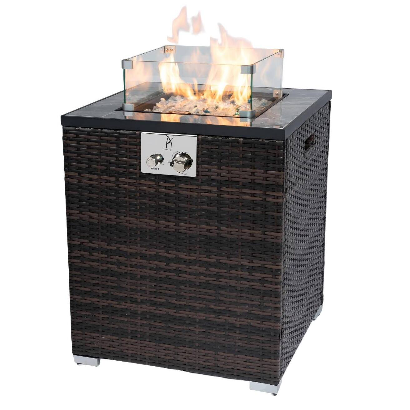 Glintex 24" Propane Gas Fire Pit Table 50000 BTU Square Tile Top Outdoor Fire Pit with Wicker ...
