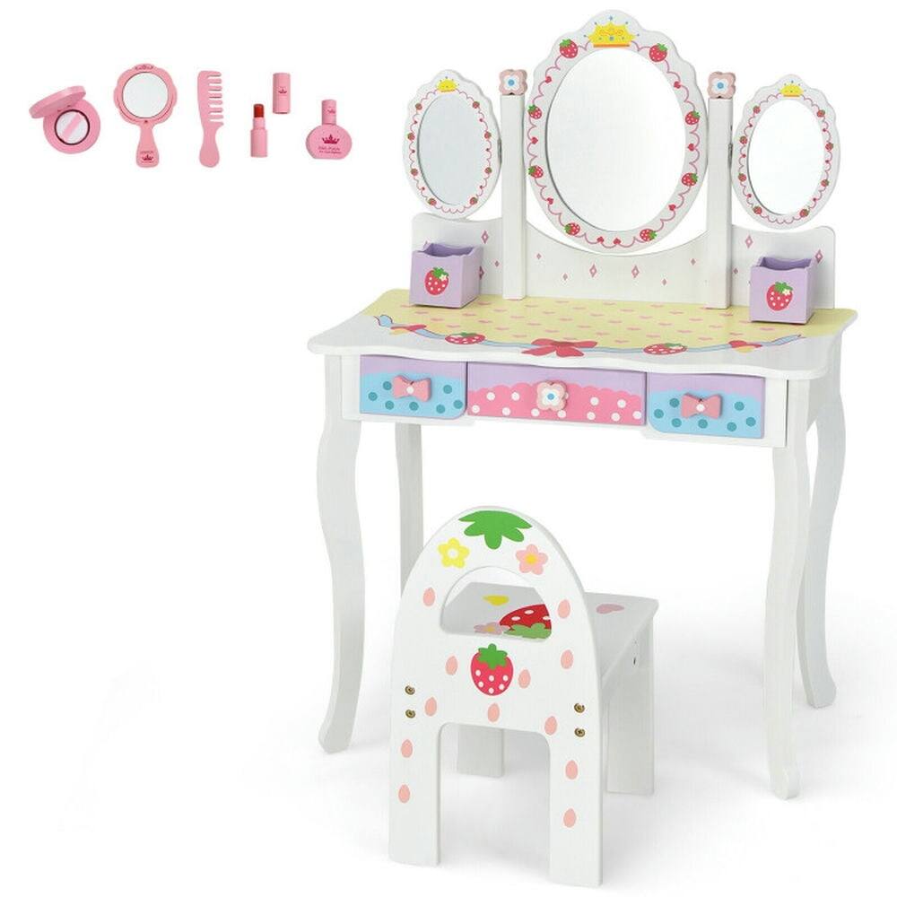 Pefilos Kids Vanity Princess Makeup Dressing Table Chair Set with Tri ...