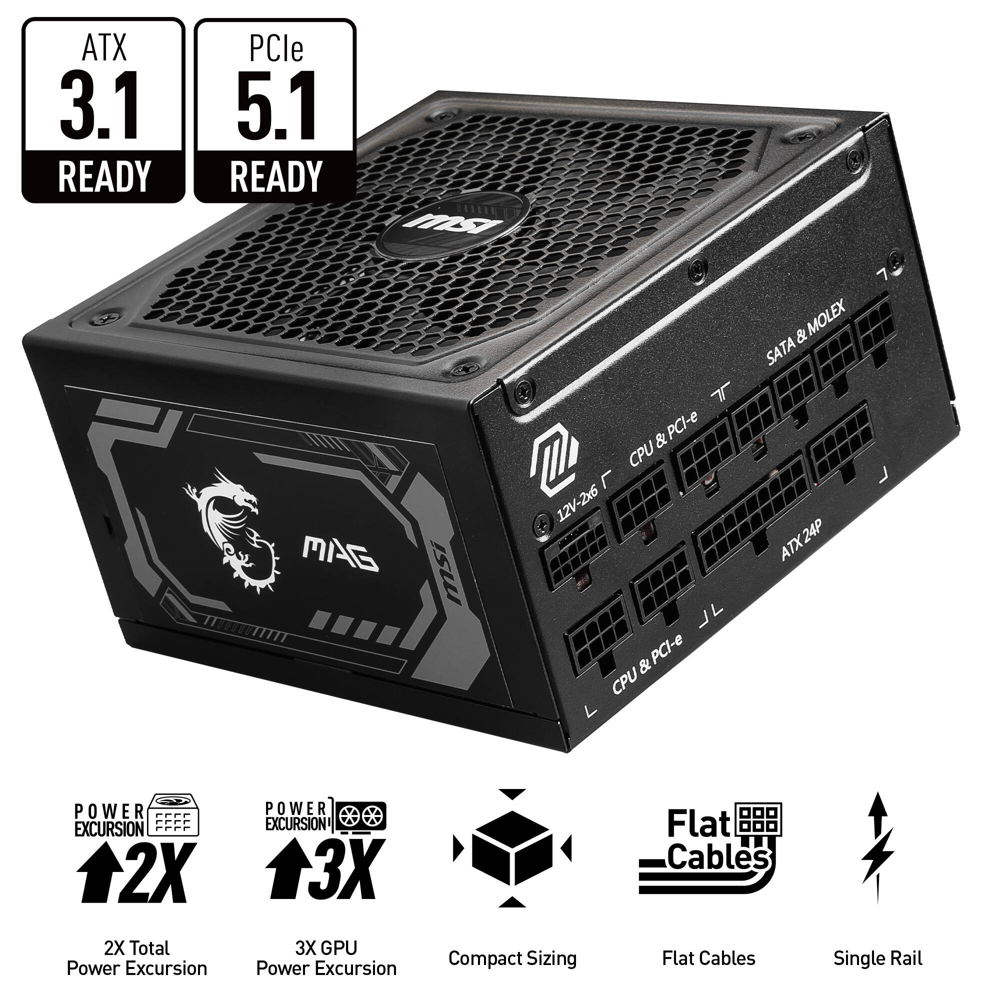 MSI MAG A1000GL PCIE5 Full Modular 80 Plus Gold 1000W ATX 3.1 Gaming Power Supply Black MAG ...