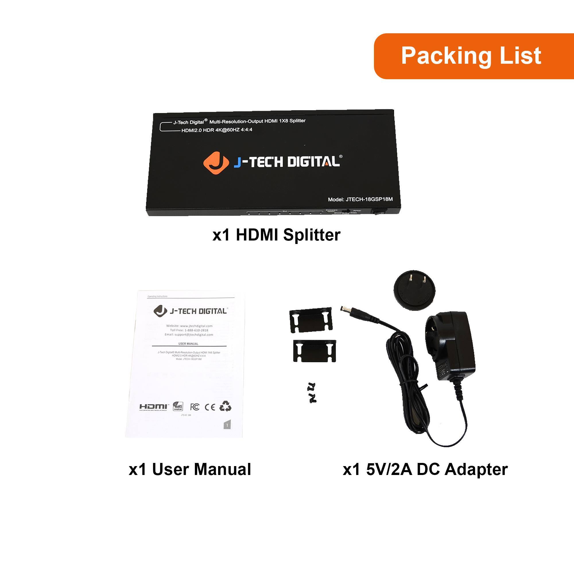 J Tech Digital 4K 60Hz 1x8 HDMI Splitter with MRO Black JTECH-18GSP18M ...