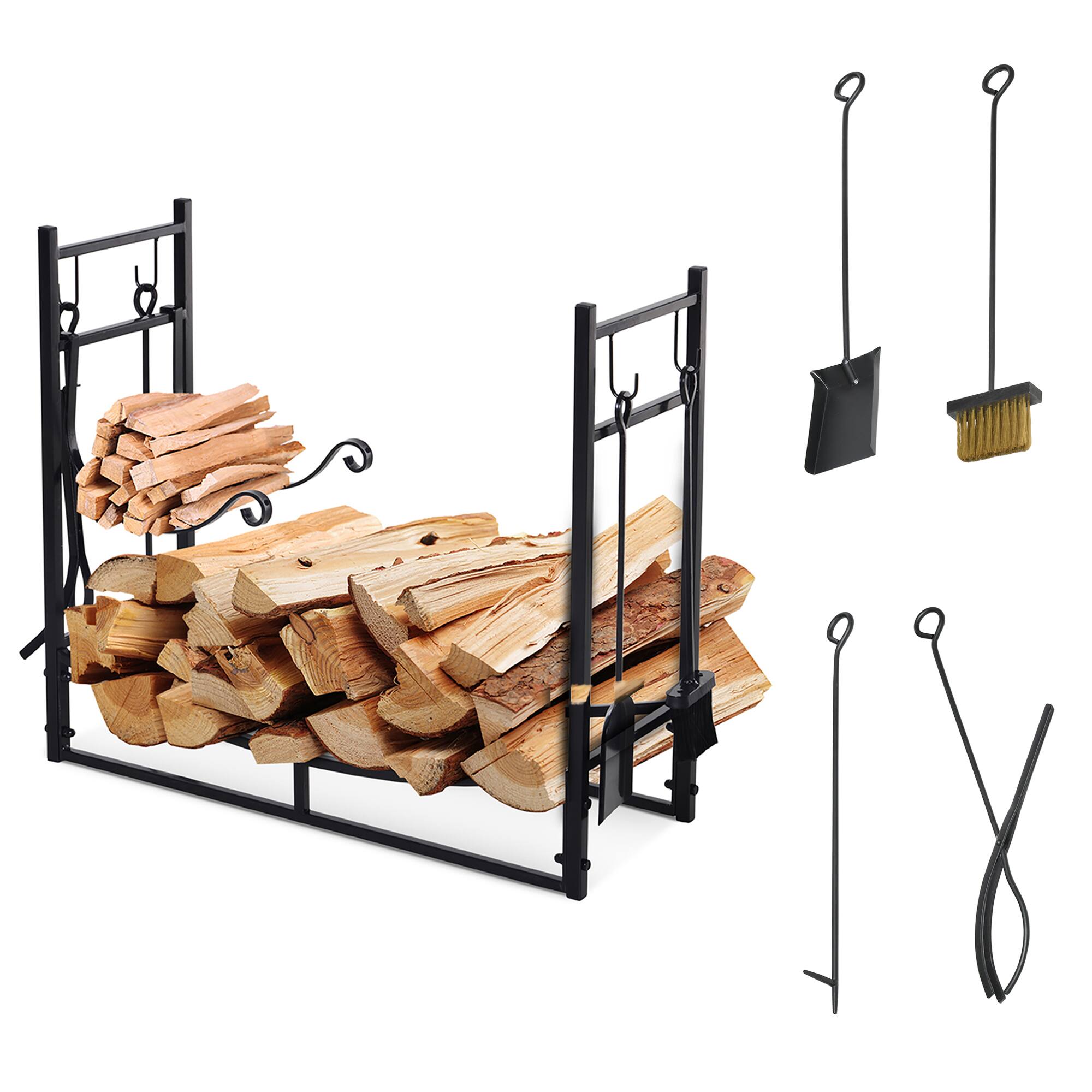 Outsunny 33" Firewood Rack Outdoor Indoor with 4 Piece Fireplace Tools, Firewood Holder with 2 ...