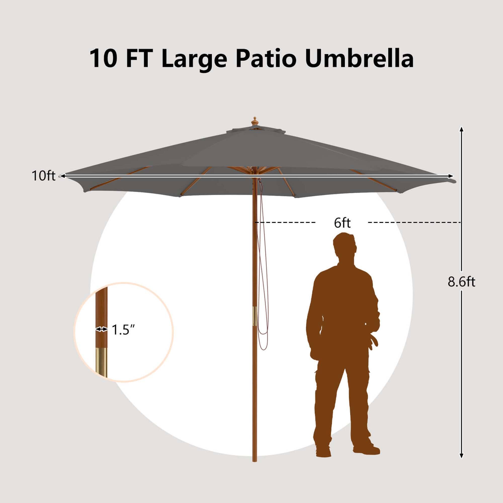 Costway 10FT Patio Wooden Market Table Umbrella Pulley with 8 Bamboo ...