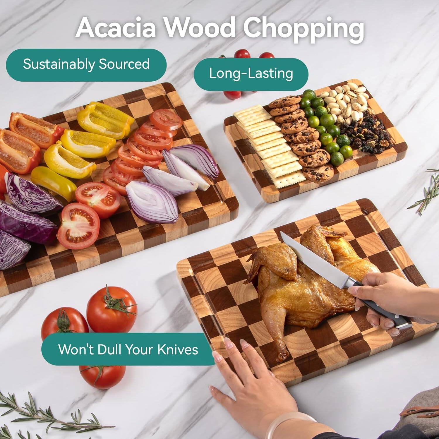 PARKER SLATER Checkerboard Acacia Cutting Board Set – 3 Pack, Juice ...