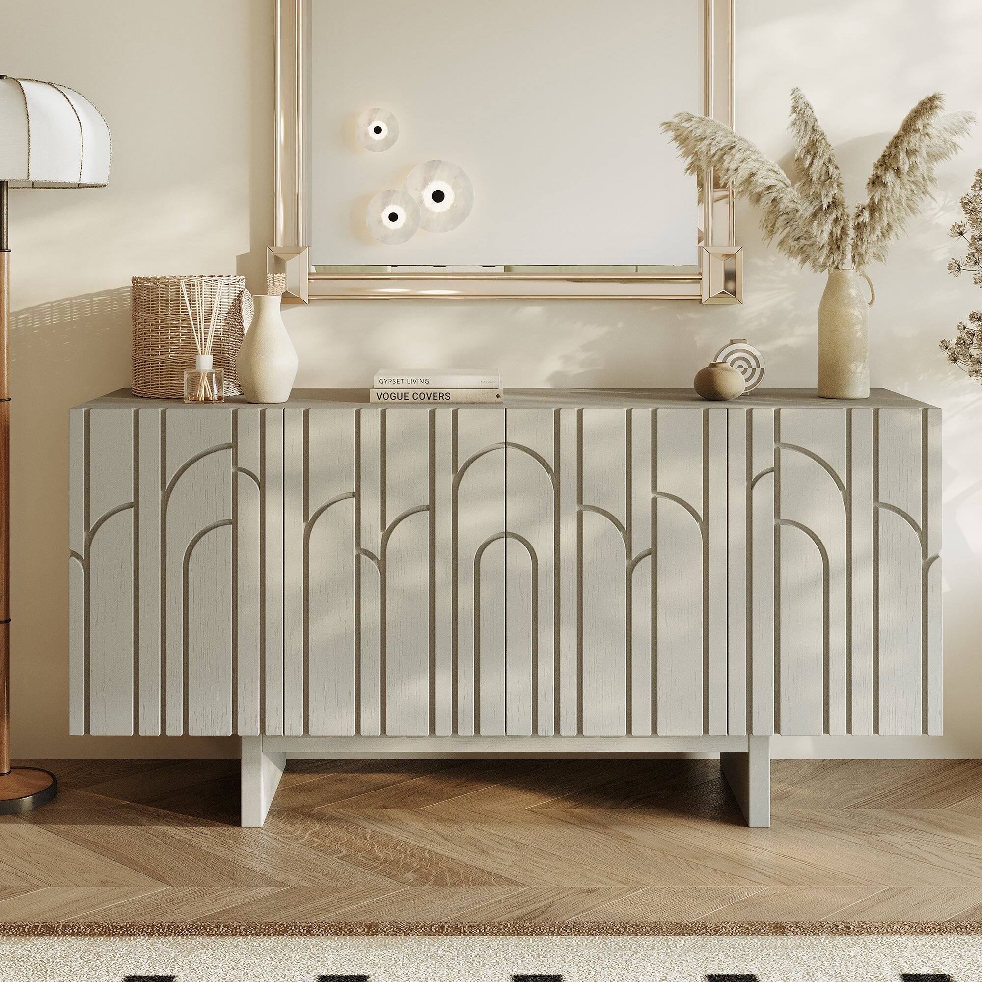 Boyel Living MDF 4 Door 63 in. Wood Grain Buffet Sideboard For Living ...