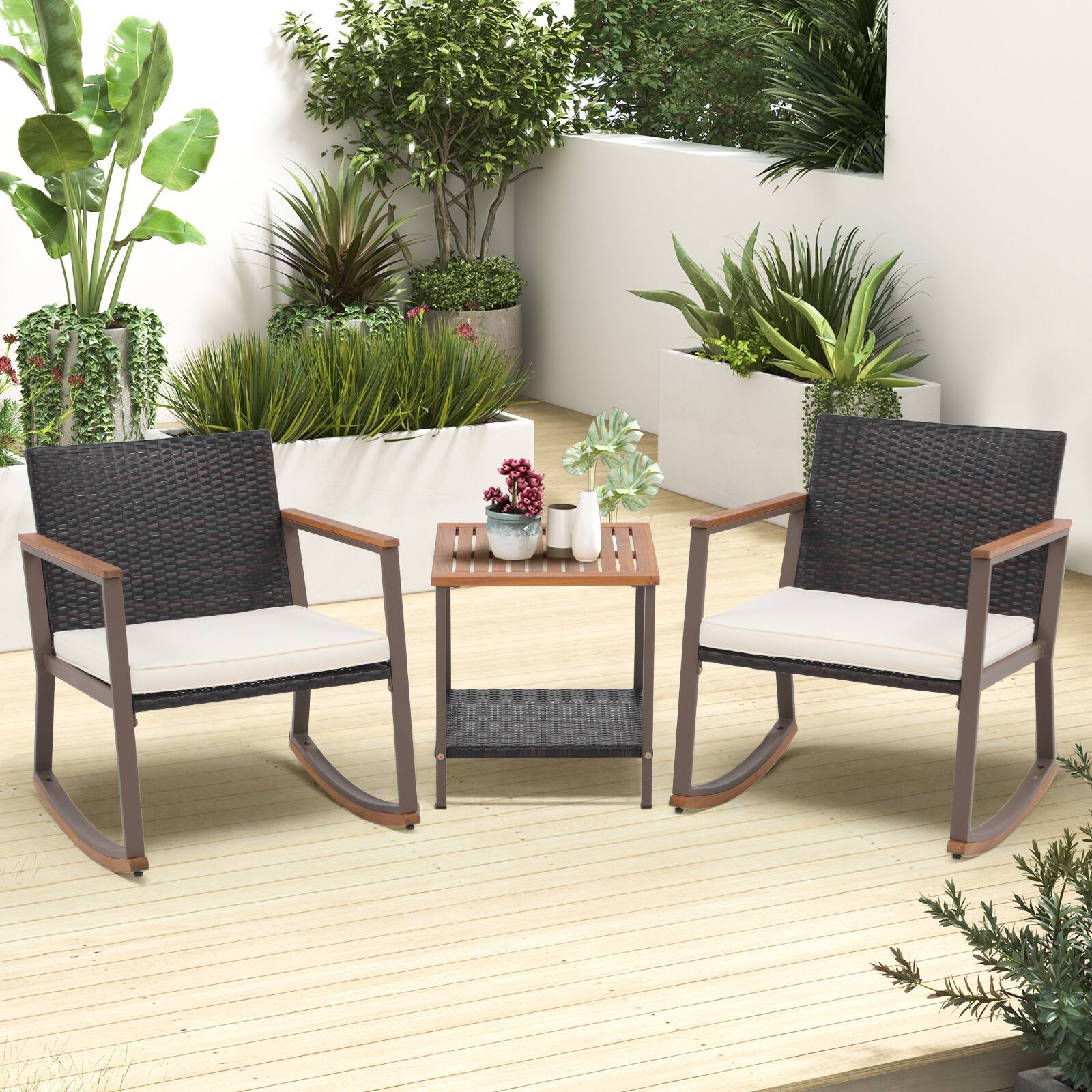 IULULU 3 Pc Outdoor Wicker Rocker Set with Table & Cushions Off White ...