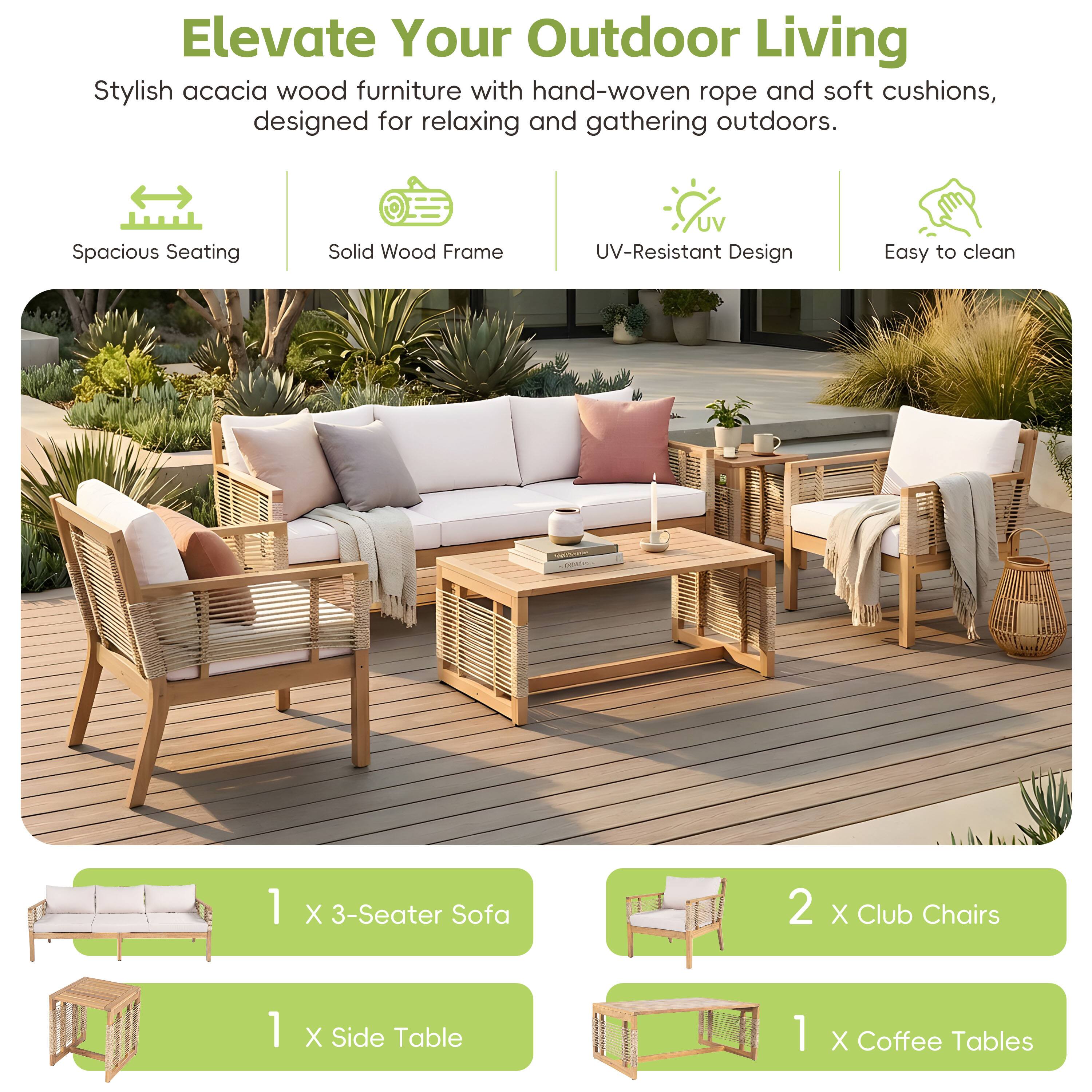 Whisen 5 Piece Outdoor Conversation Set, Acacia Wood Patio Sofa ...