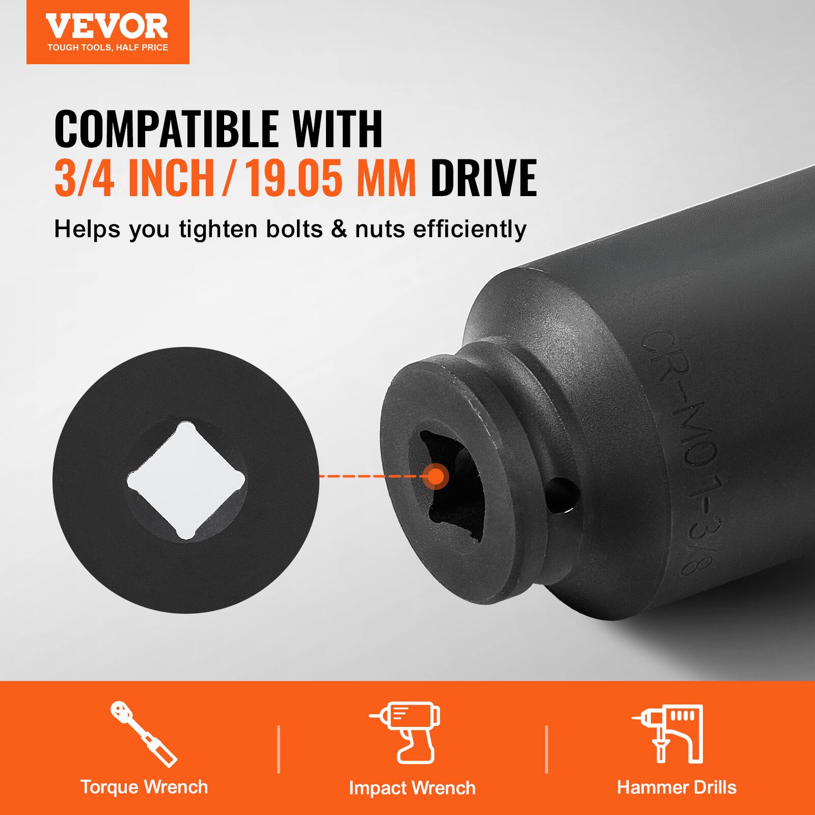 VEVOR Axle Nut Impact Socket Set,3/4"Drive Deep 6 Point 8 Piece SAE Spindle Nut Socket Set,CR MO ...