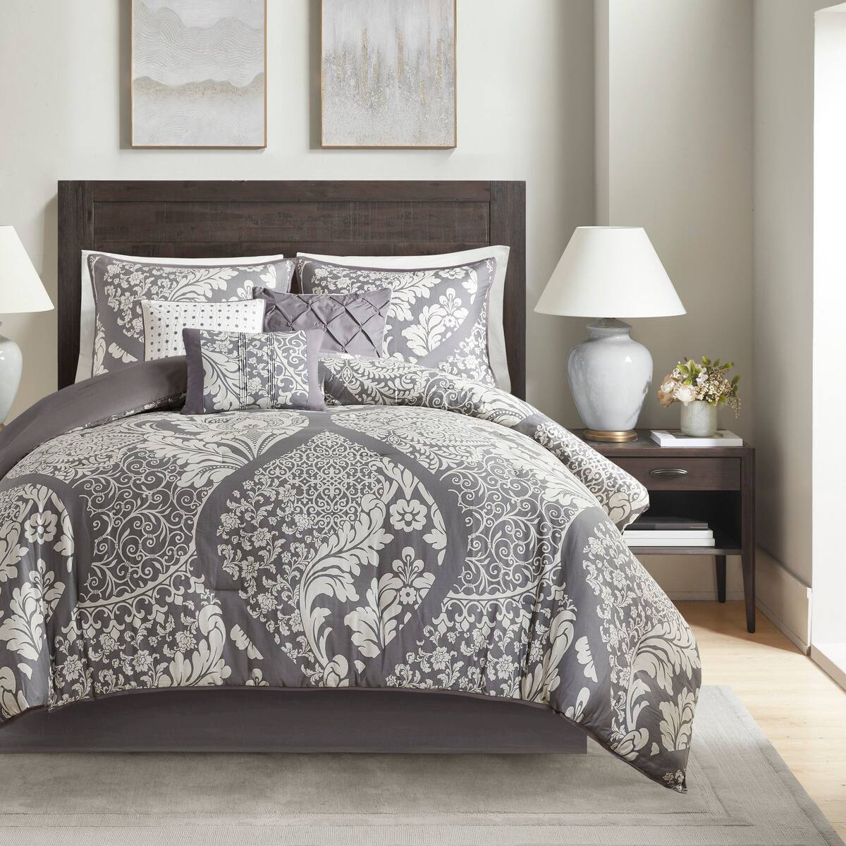 TinyHomie 7 Piece Cotton Printed Comforter Set Grey Queen Gray SF-J ...