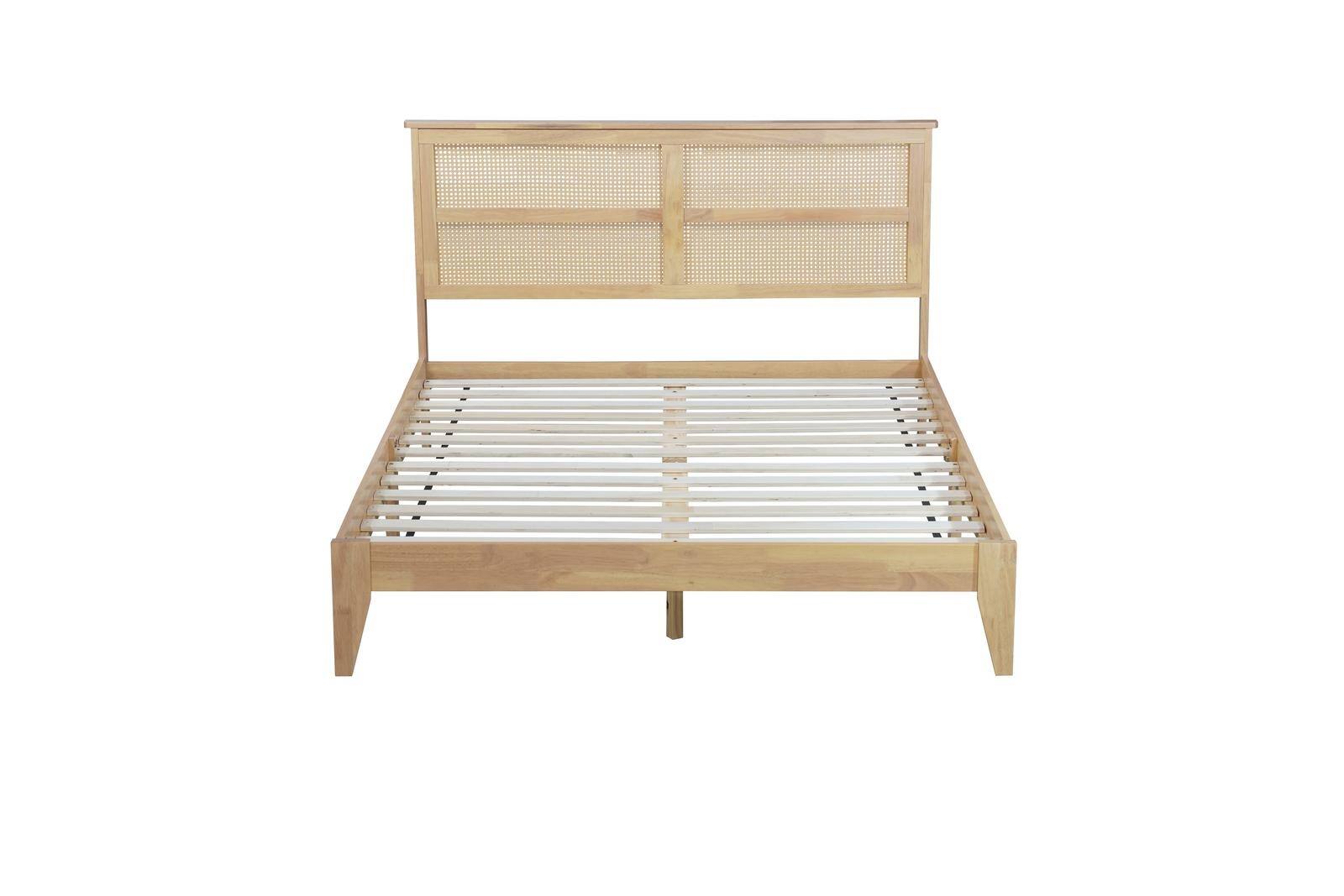 Spaco Queen Size Rubber Wooden, Solid Wooden Bed with Rattan Headboard ...