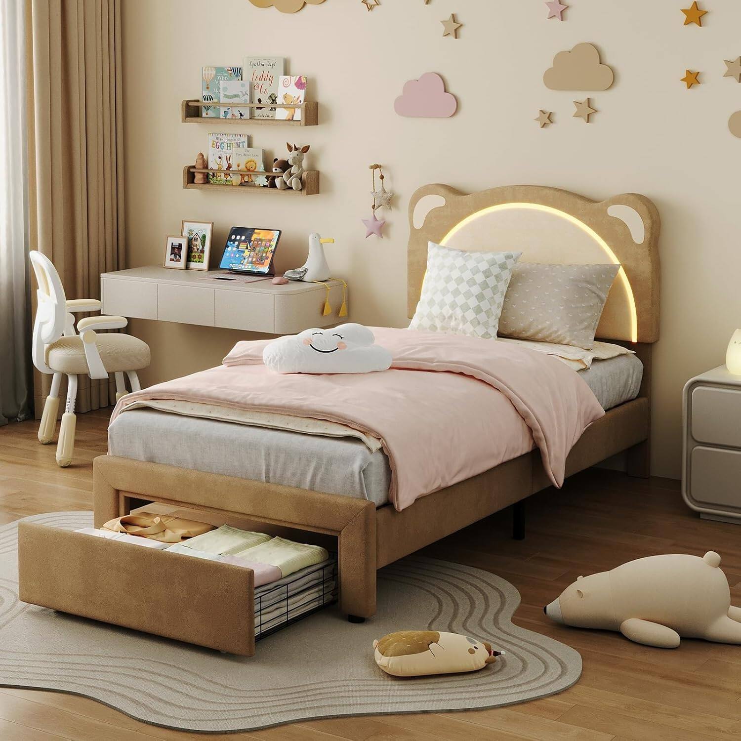 GARVEE Twin Size Upholstered Platform Bed Frame with Adjustable LED ...