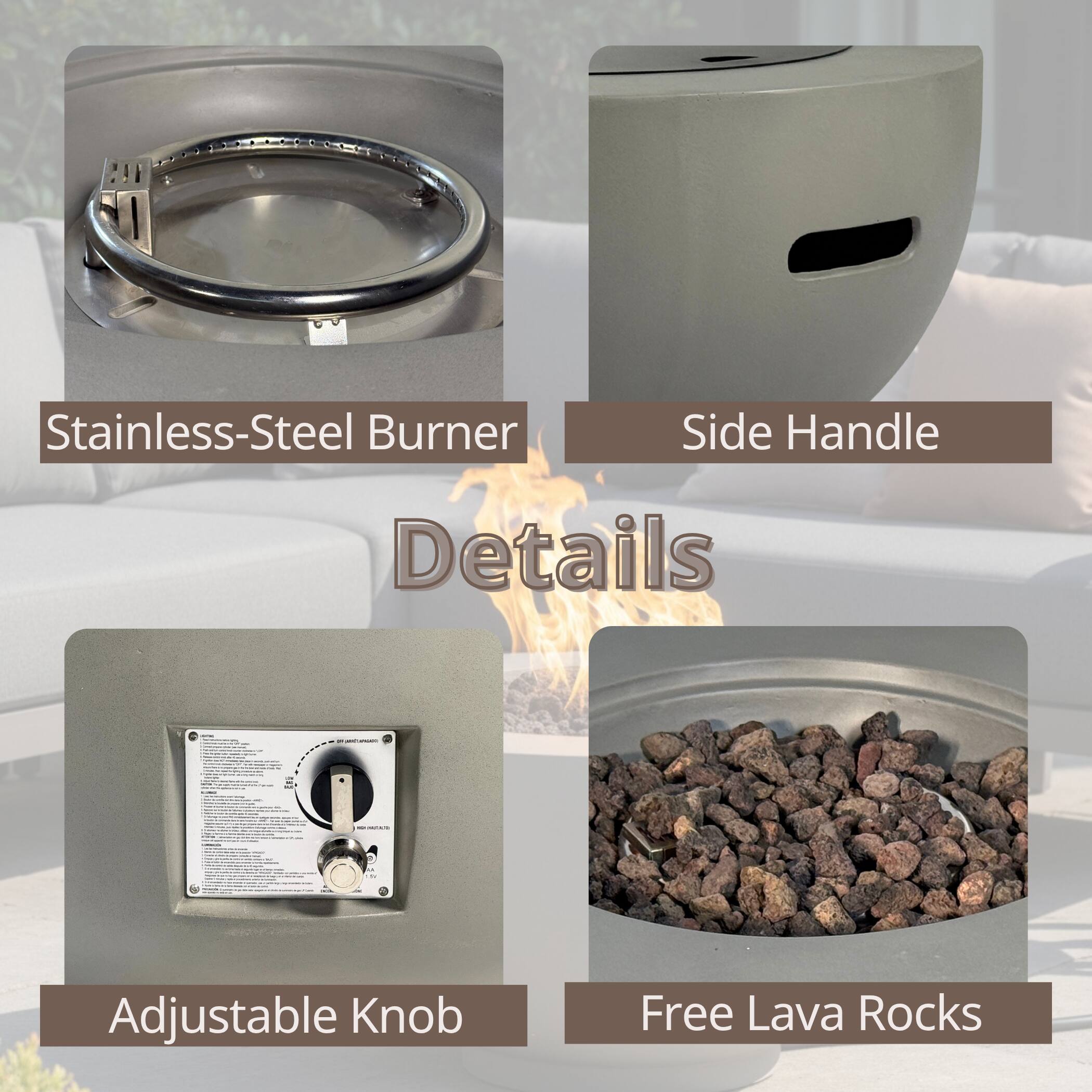 TinyHomie Outdoor Round Propane Fire Pit Table 28 inch Light Concrete ...